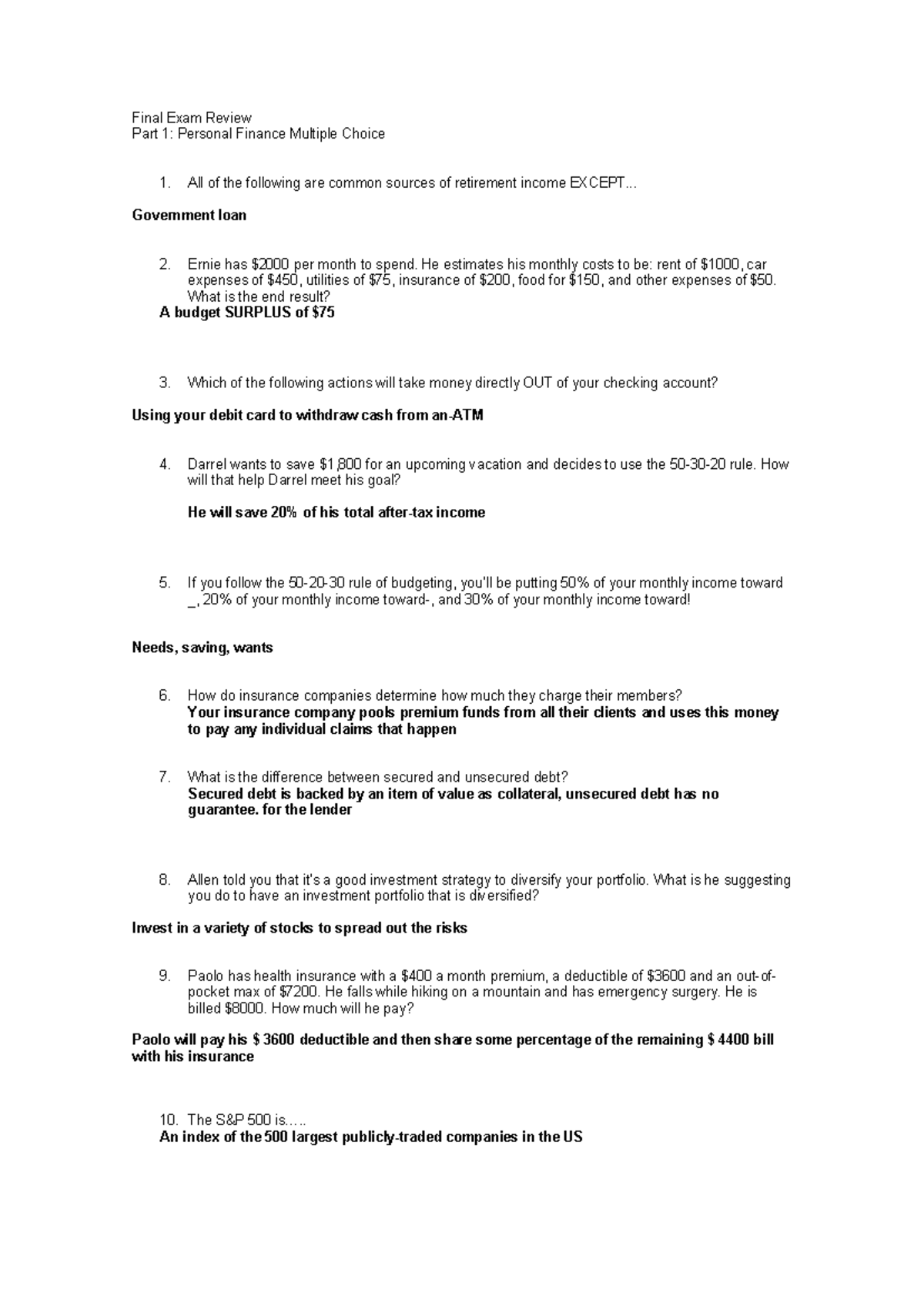 Final Exam Review: Personal Finance & Math MCQs (Course Code) - Final ...
