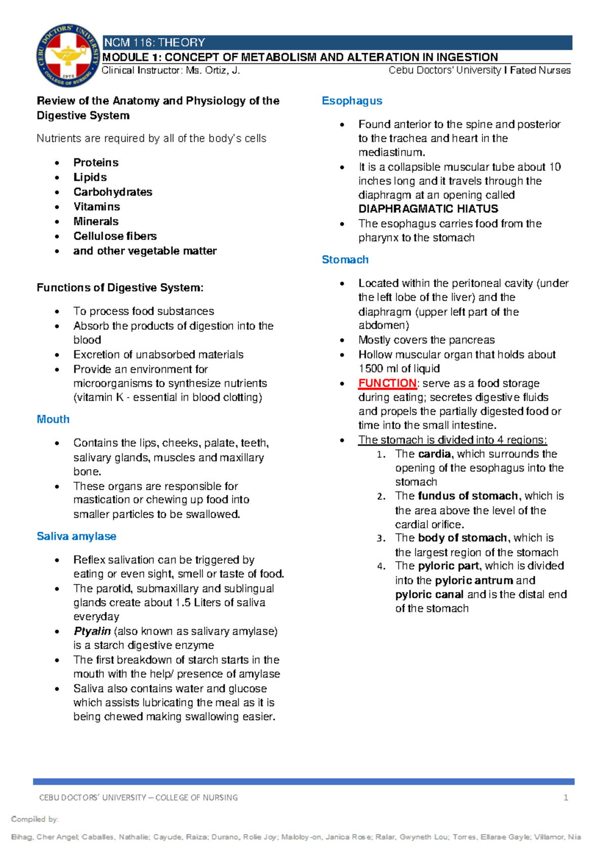 NCM 116 1M Metabolism Concepts & Digestive System Overview - Studocu