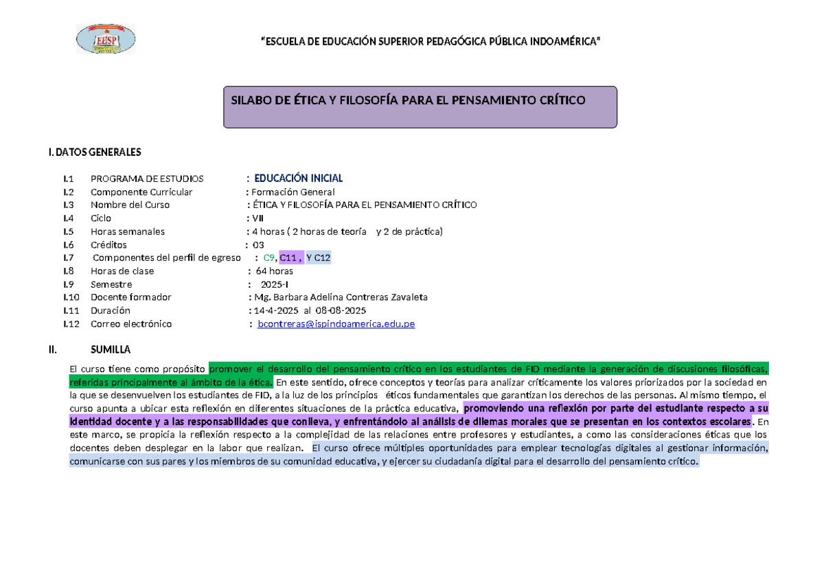 Silabo de Ética y Filosofía para el Pensamiento Crítico I - Educación ...