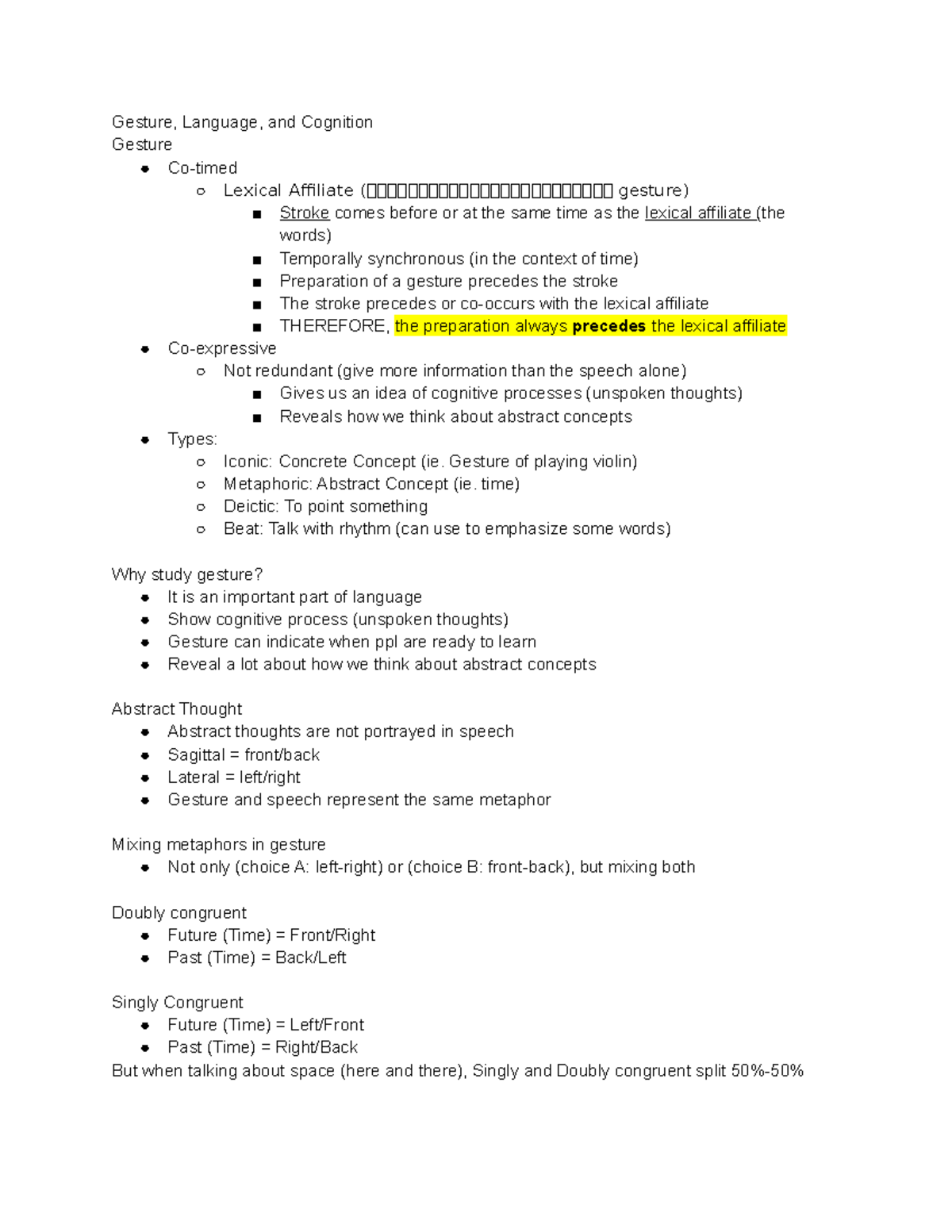 Lecture 10 Notes - Gesture, Language, and Cognition Gesture Co-timed ...