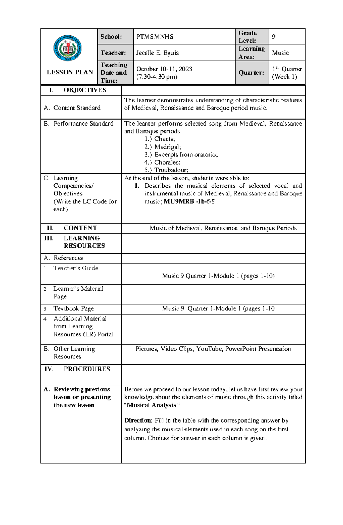 Music 9 Q1 Week 1 Lesson Plan: Exploring Musical Eras - Studocu