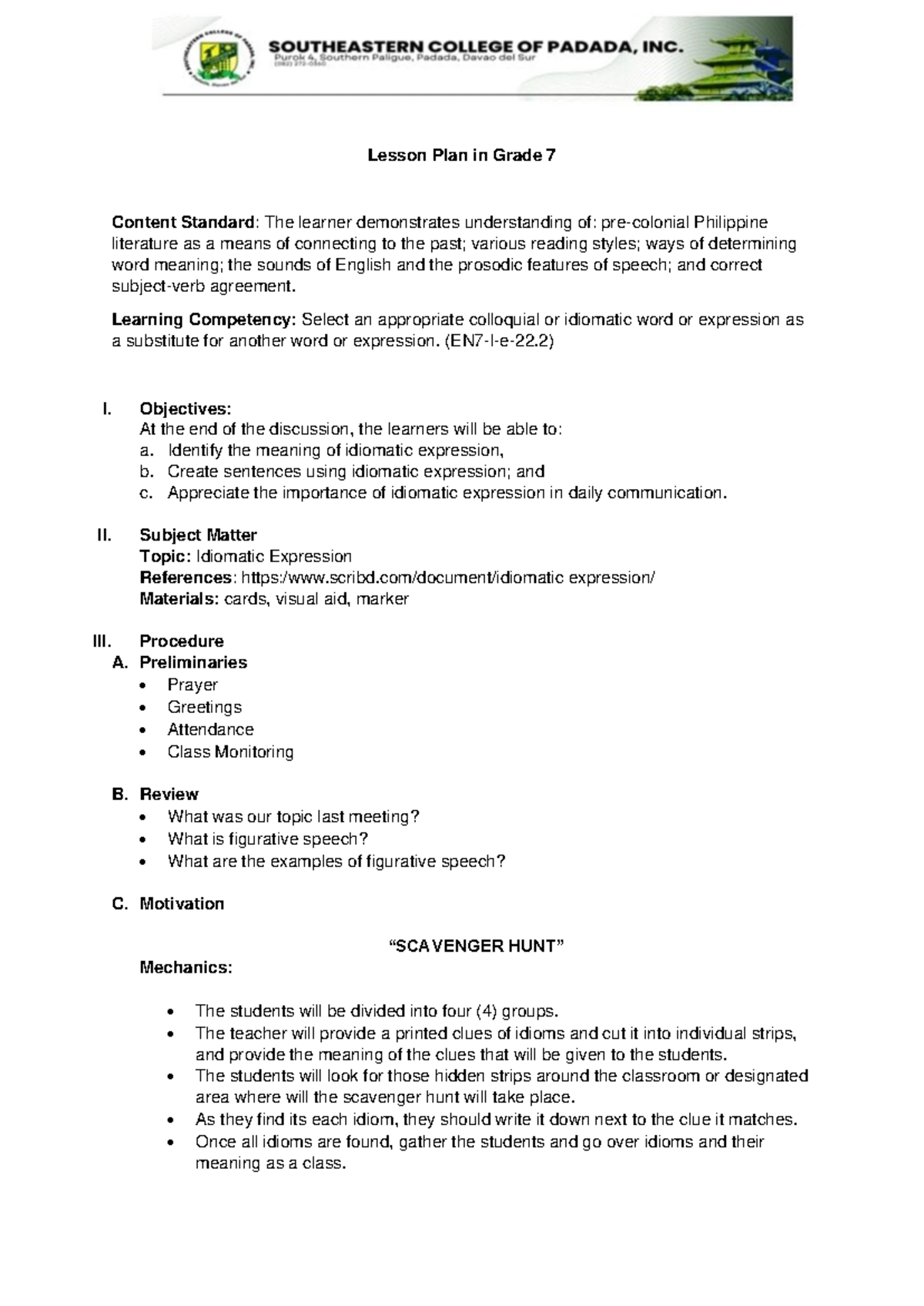 Lesson PLAN IN Grade 7 - FOR GUIDE PURPOSES ONLY - Lesson Plan in Grade ...