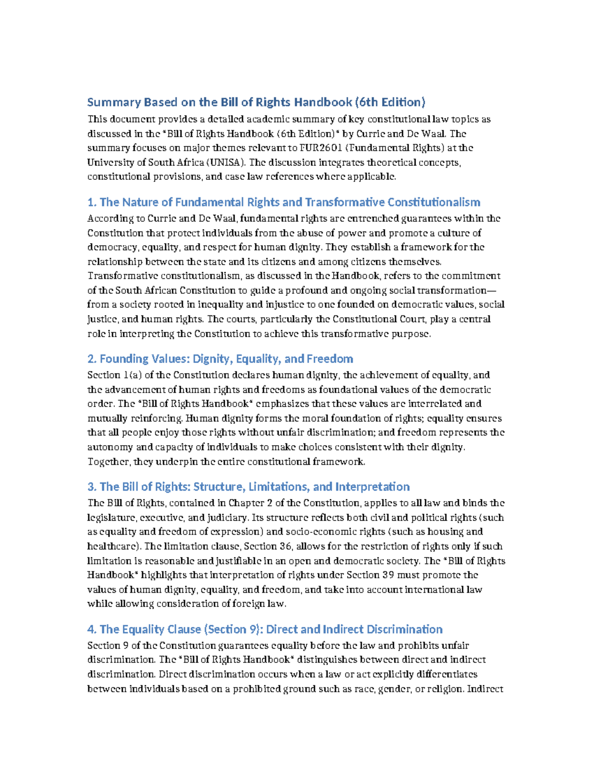 FUR2601 Final Exam Summary: Key Themes from the Bill of Rights Handbook ...