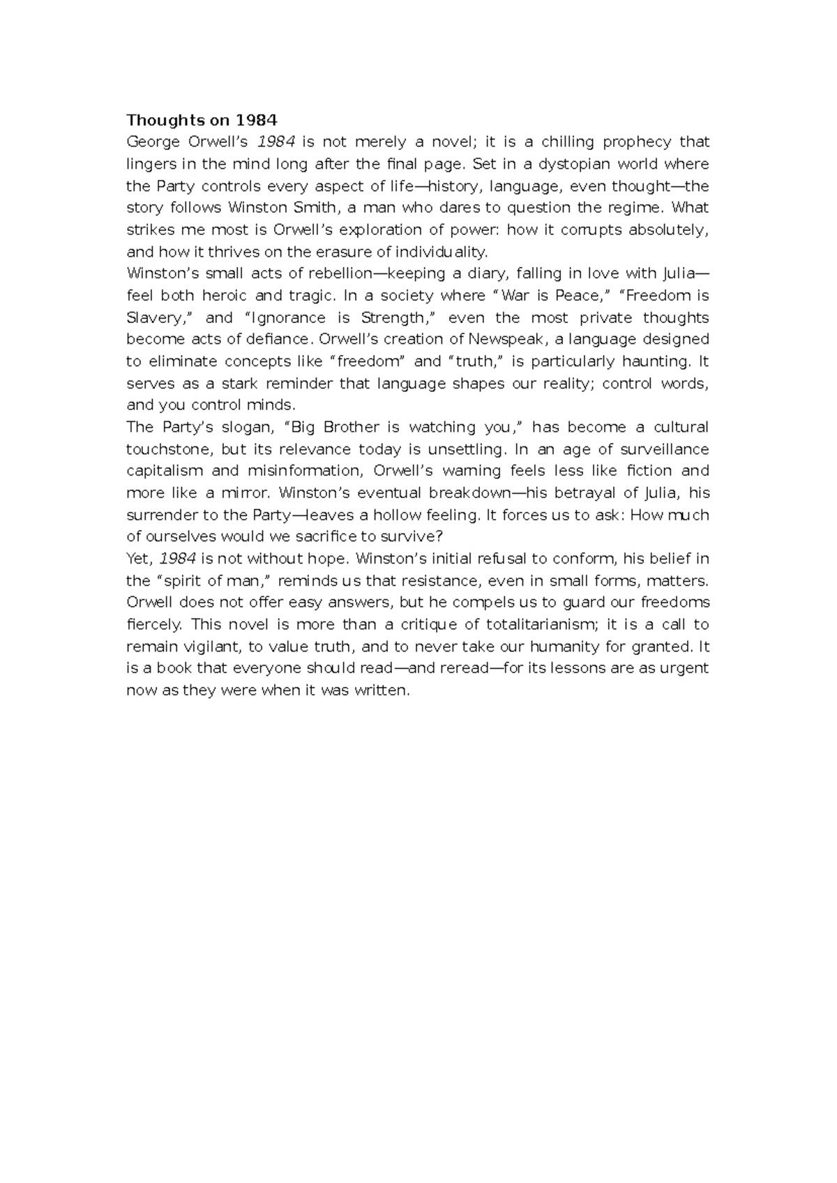 Critical Analysis of George Orwell's 1984: Themes & Reflections - Studocu