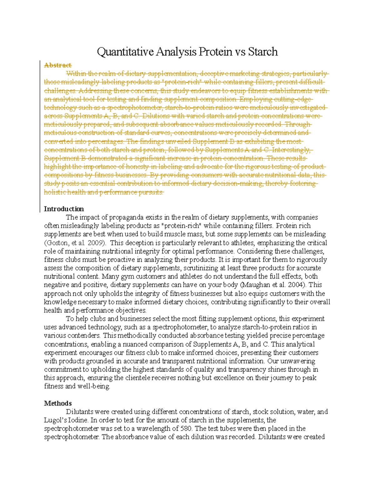 1107LWk9 Lab Report - Quantitative Analysis Protein vs Starch Abstract ...