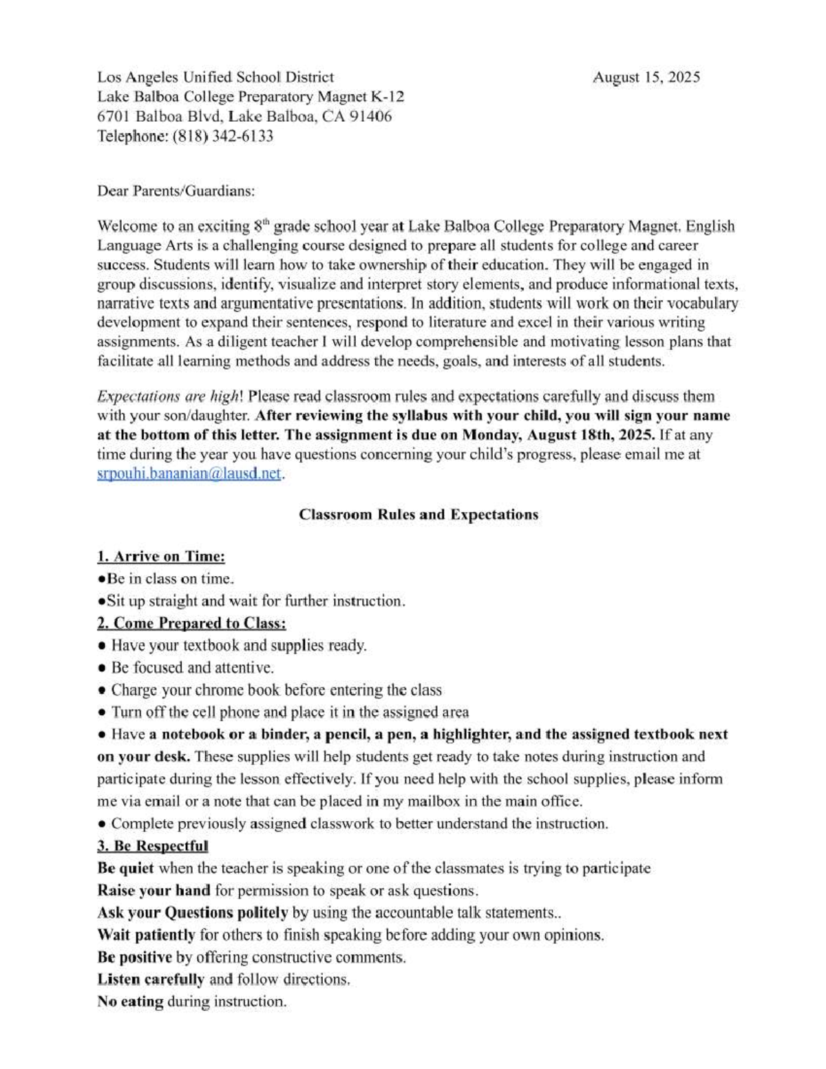 8th Grade ELA Syllabus & Classroom Expectations (2025) - Studocu