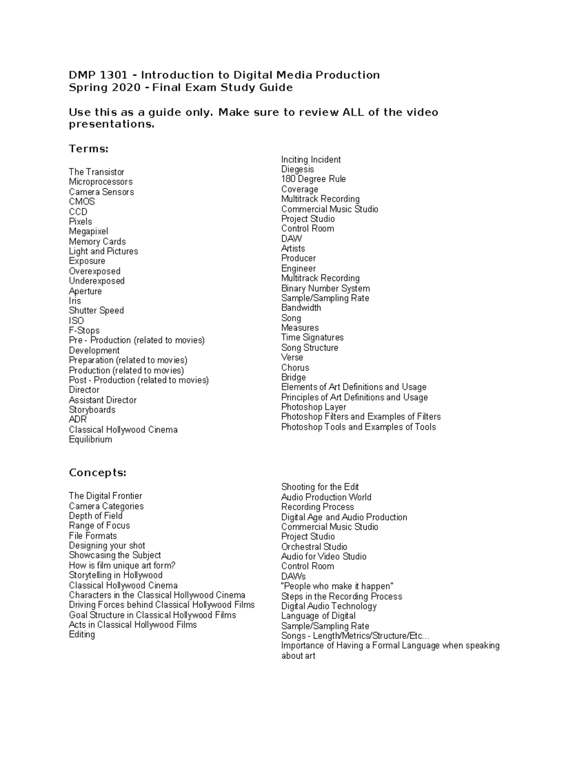 DMP 1301 Final Exam Study Guide: Digital Media Production Concepts - Studocu
