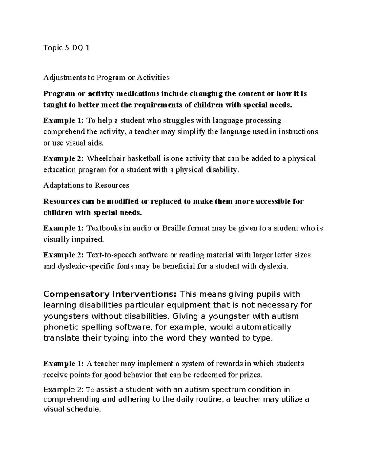 Topic 5 DQ 1 - Adjustments for Special Needs in Education - Studocu