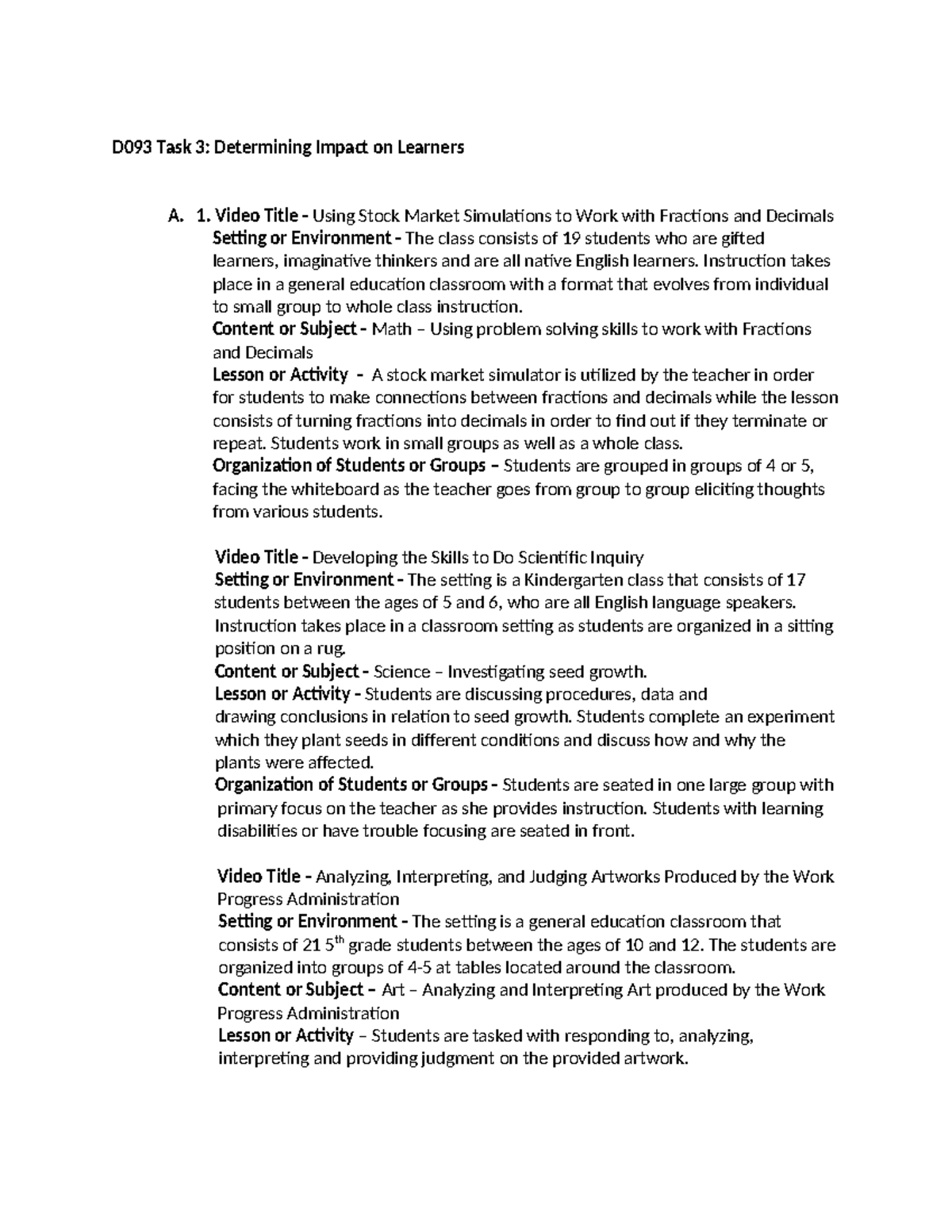 D093 Task 3 - D093 Task 3 - D093 Task 3: Determining Impact on Learners ...