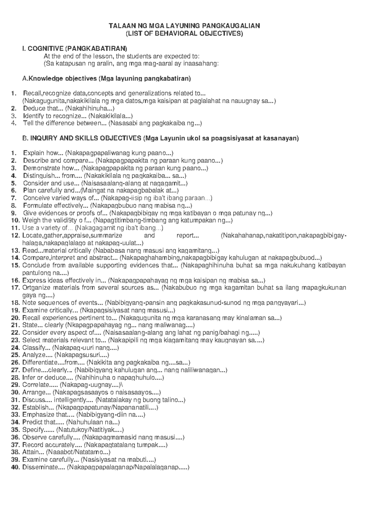 Behavioral Objectives List in English & Filipino: A Comprehensive Guide ...