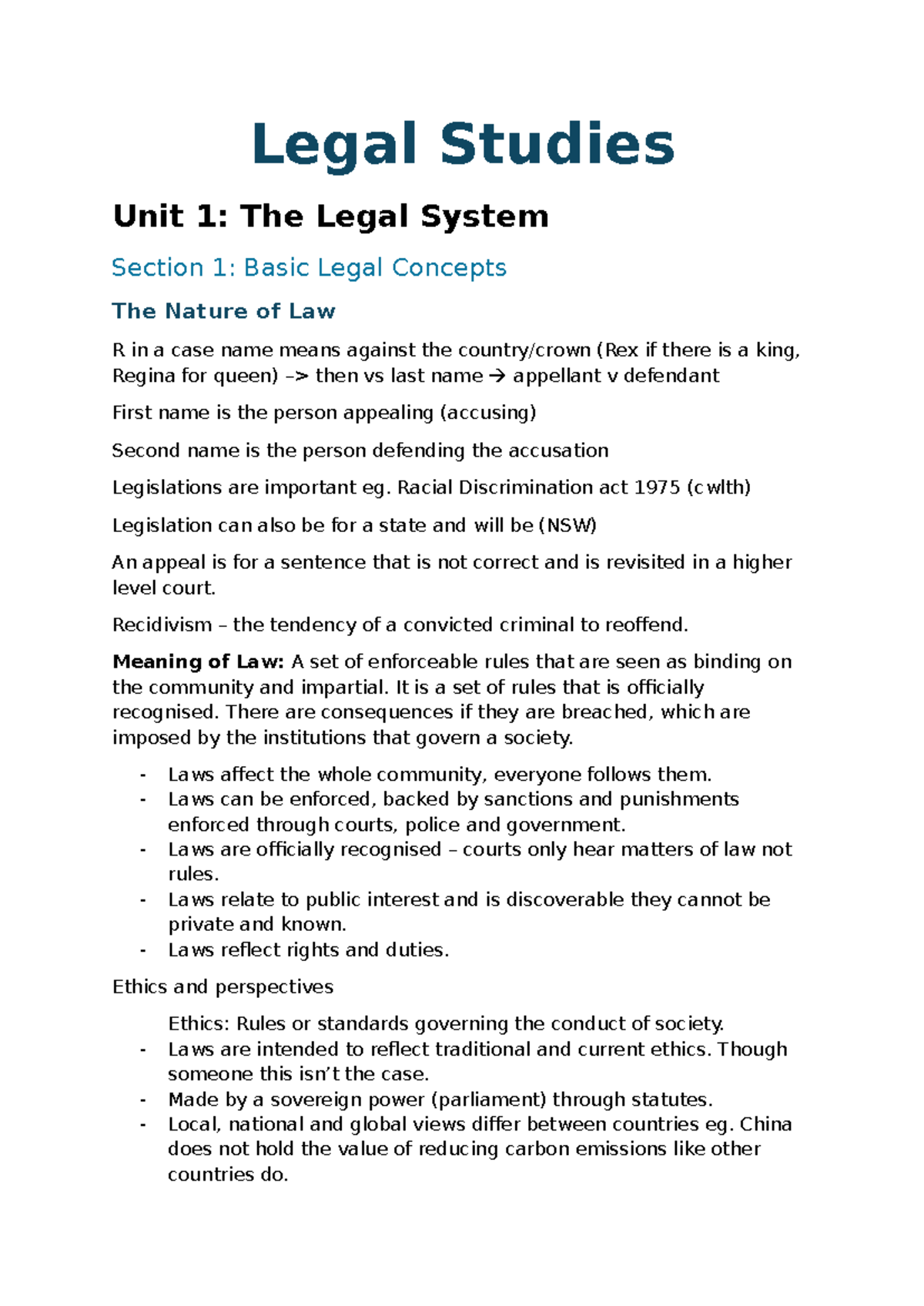 Prelim Legal Studies - Unit 1: Overview of the Legal System - Studocu