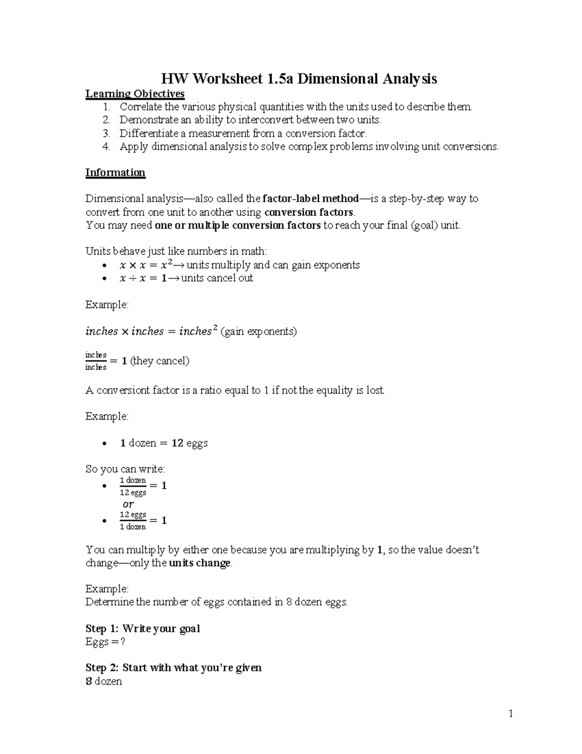 HW Worksheet 1.5a: Mastering Dimensional Analysis Techniques - Studocu