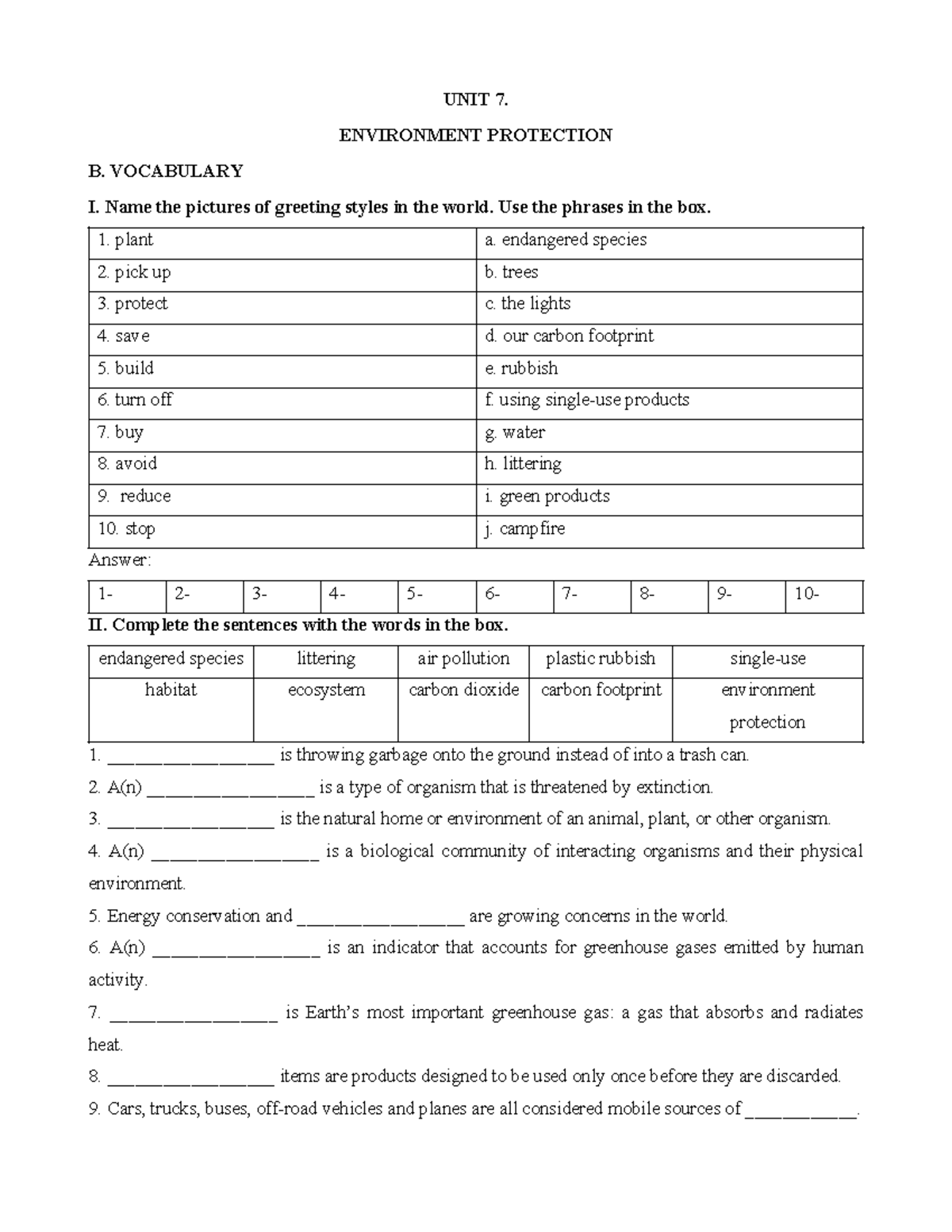 UNIT 7: ENVIRONMENT PROTECTION - VOCABULARY & EXERCISES - Studocu