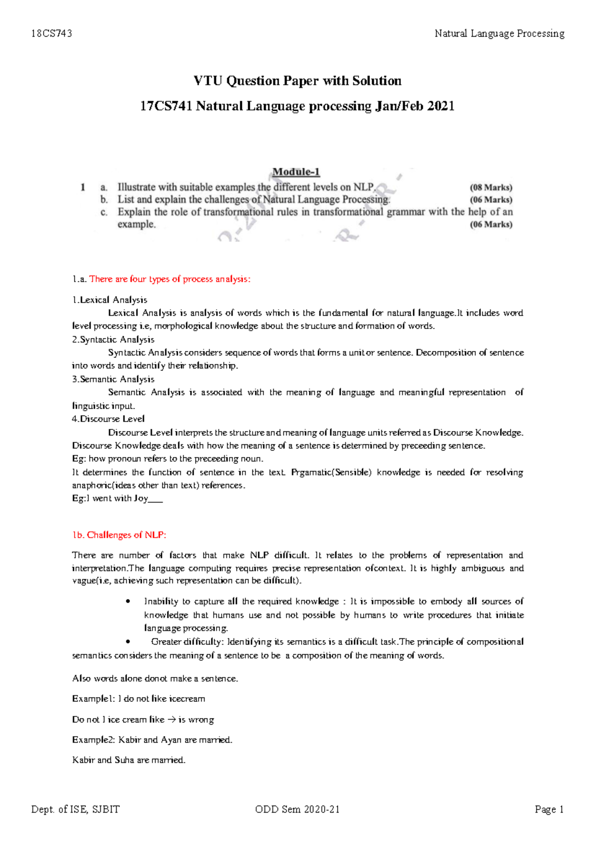 17CS741 NLP Jan/Feb 2021 Question Paper with Solutions & Analysis - Studocu