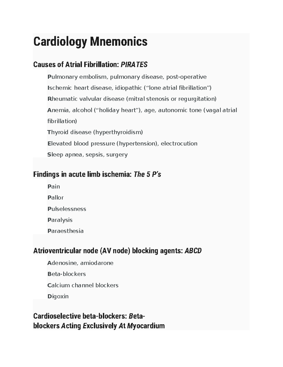 Cardiology Mnemonics for Atrial Fibrillation & More - NUR265 - Studocu