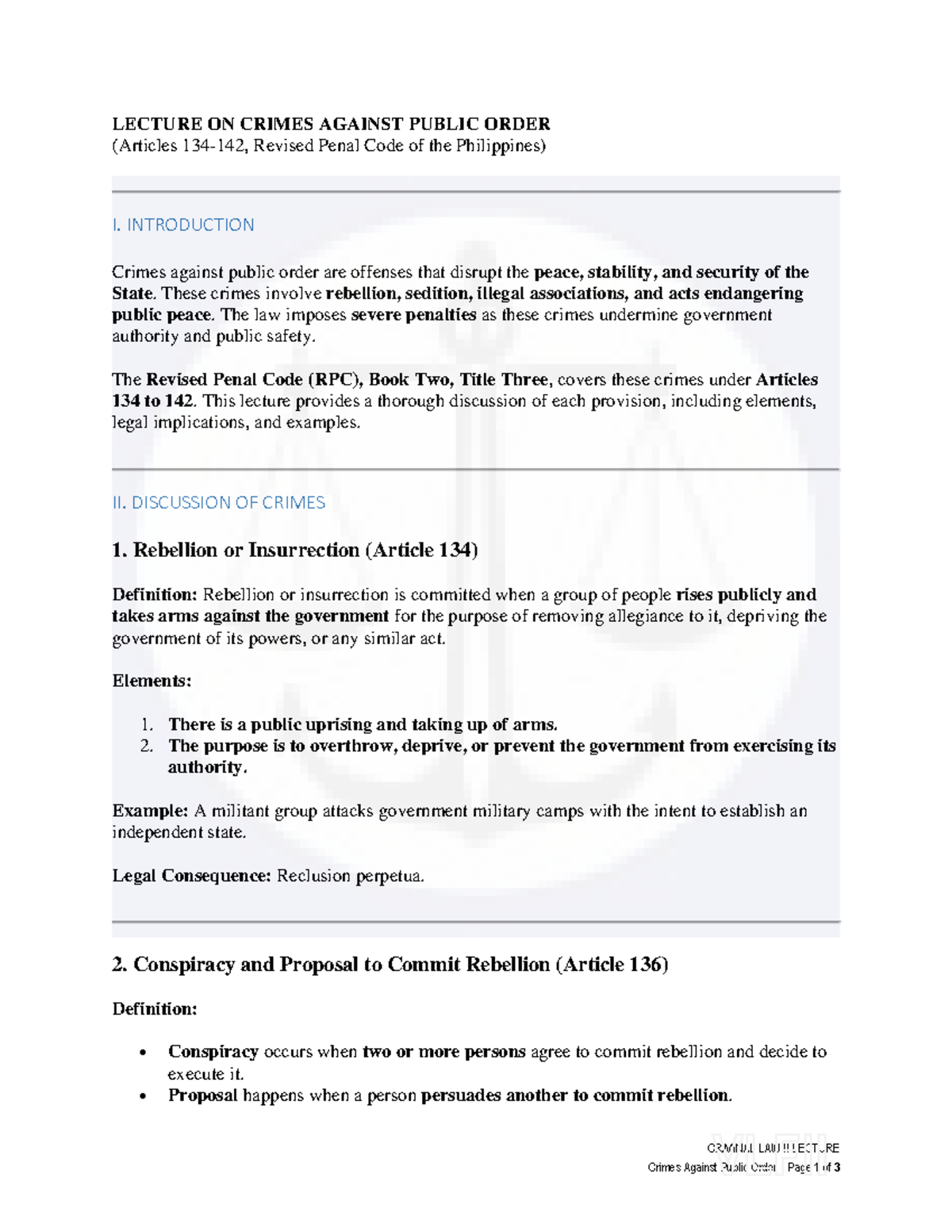 Lecture ON Crimes Against Public Order - CRIMINAL LAW II LECTURE Crimes ...