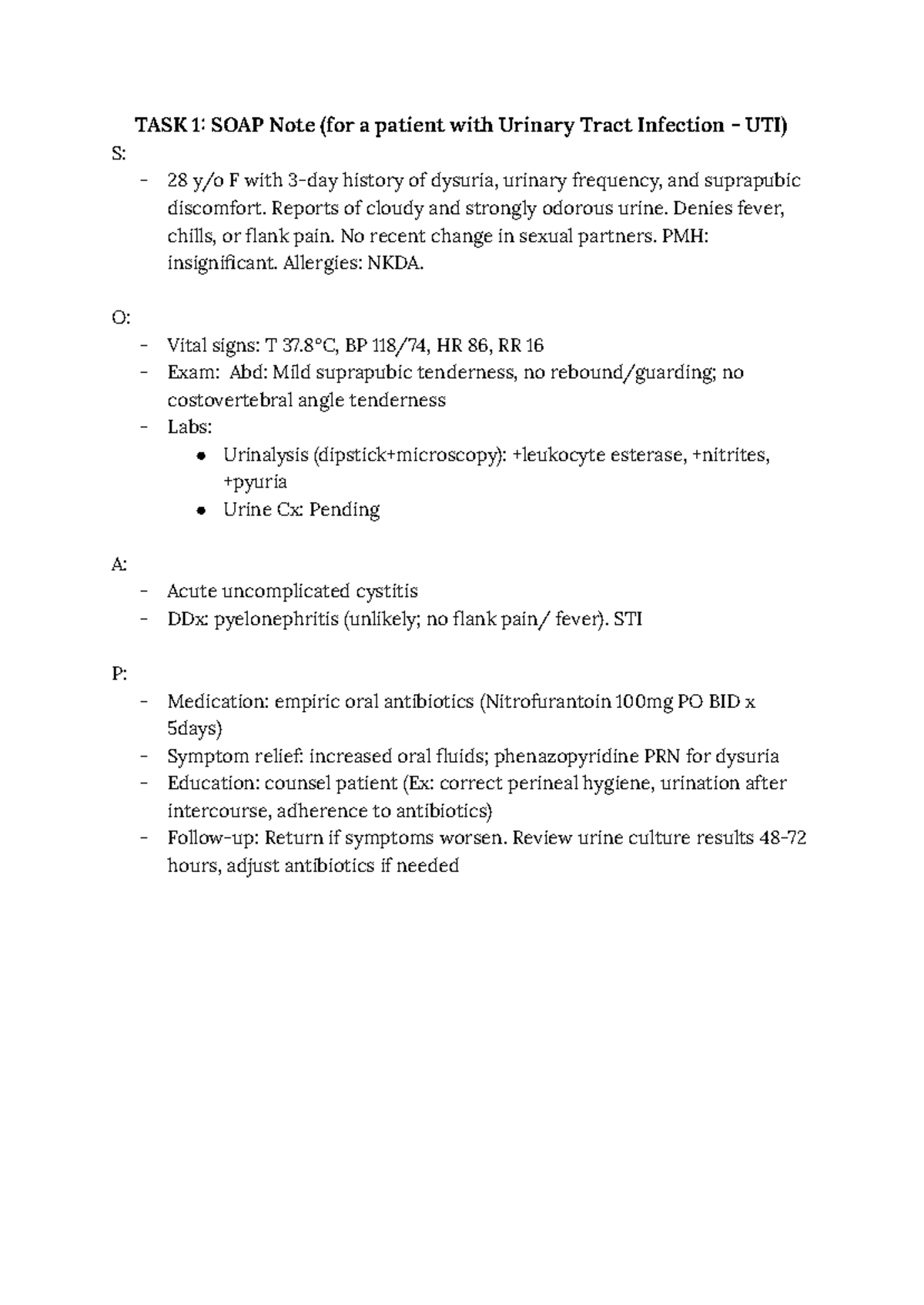 TASK 1: SOAP Note for UTI Patient Evaluation and Management - Studocu