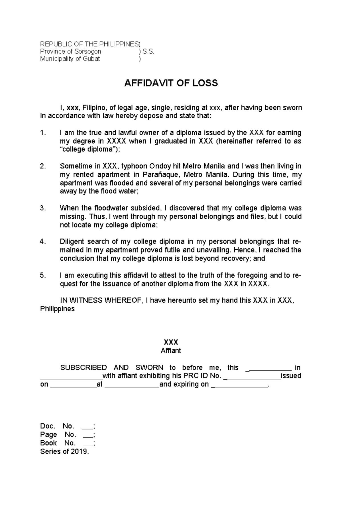 Affidavit of Loss of Diploma Sample - Philippines Legal Document - Studocu