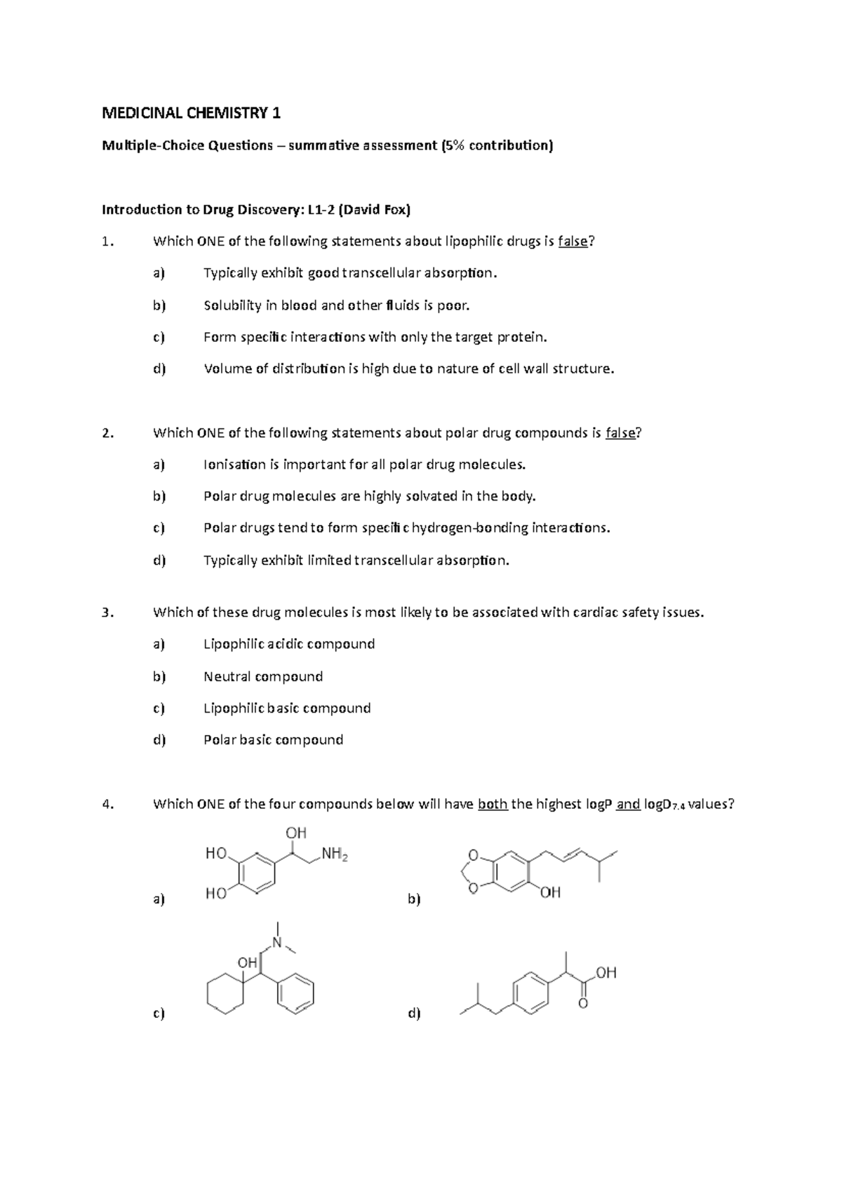 Medicinal Chemistry 1 Multiple Choice Questions - MEDICINAL CHEMISTRY 1 ...