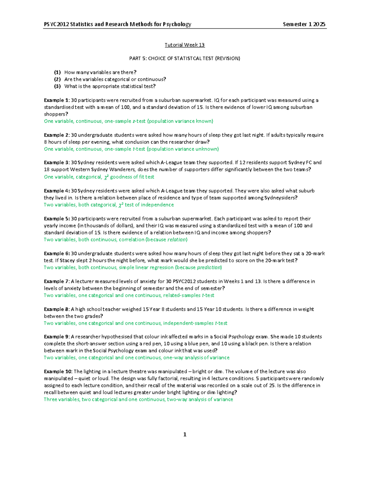 PSYC2012 Tutorial Week 13 Part 5: Statistical Test Choices & Examples ...