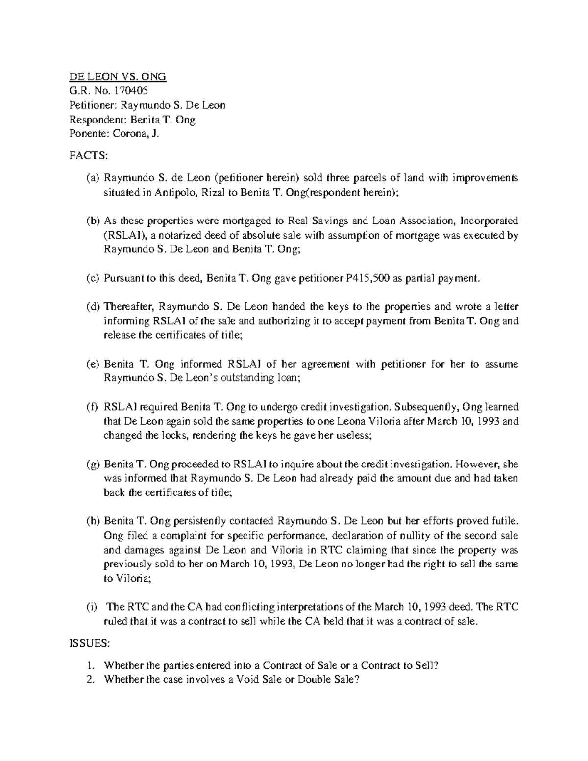 Case Study: DE LEON VS. ONG - Supreme Court Ruling on Double Sale - Studocu