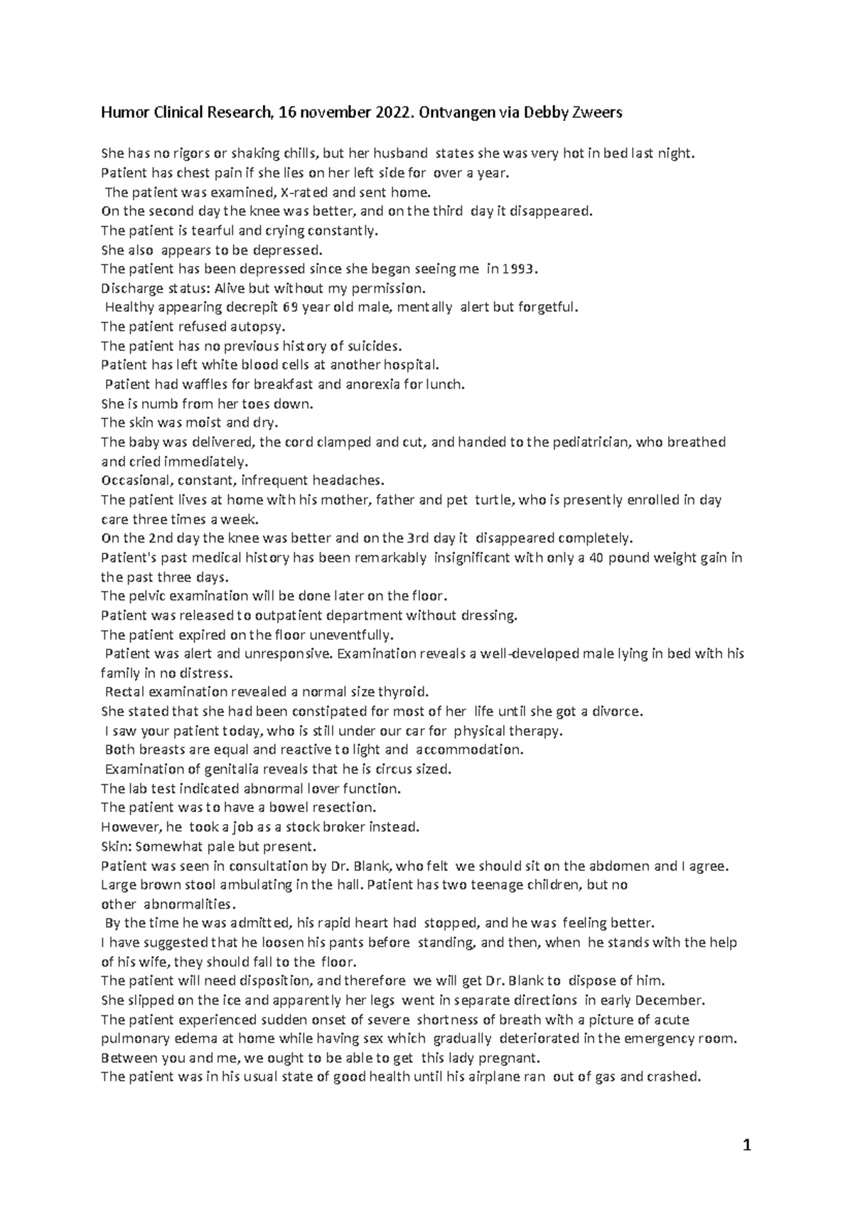 Humor Clinical Research - Ontvangen via Debby Zweers She has no rigors ...