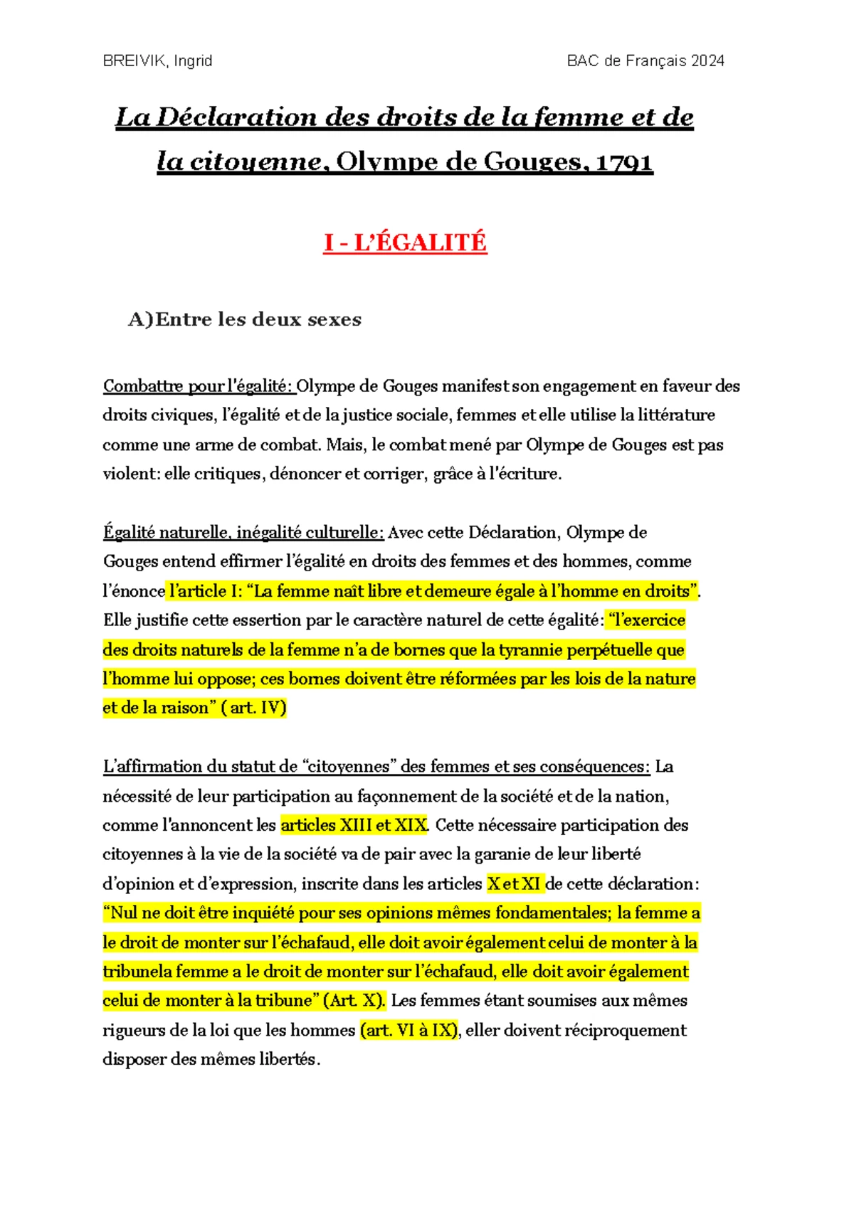 Fiche de Révision: Olympe de Gouge et ses Lutteurs pour l'Égalité - Studocu