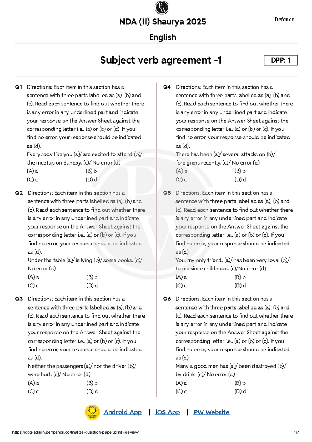 NDA (II) Shaurya 2025 Defence Subject Verb Agreement DPP 01 - Studocu