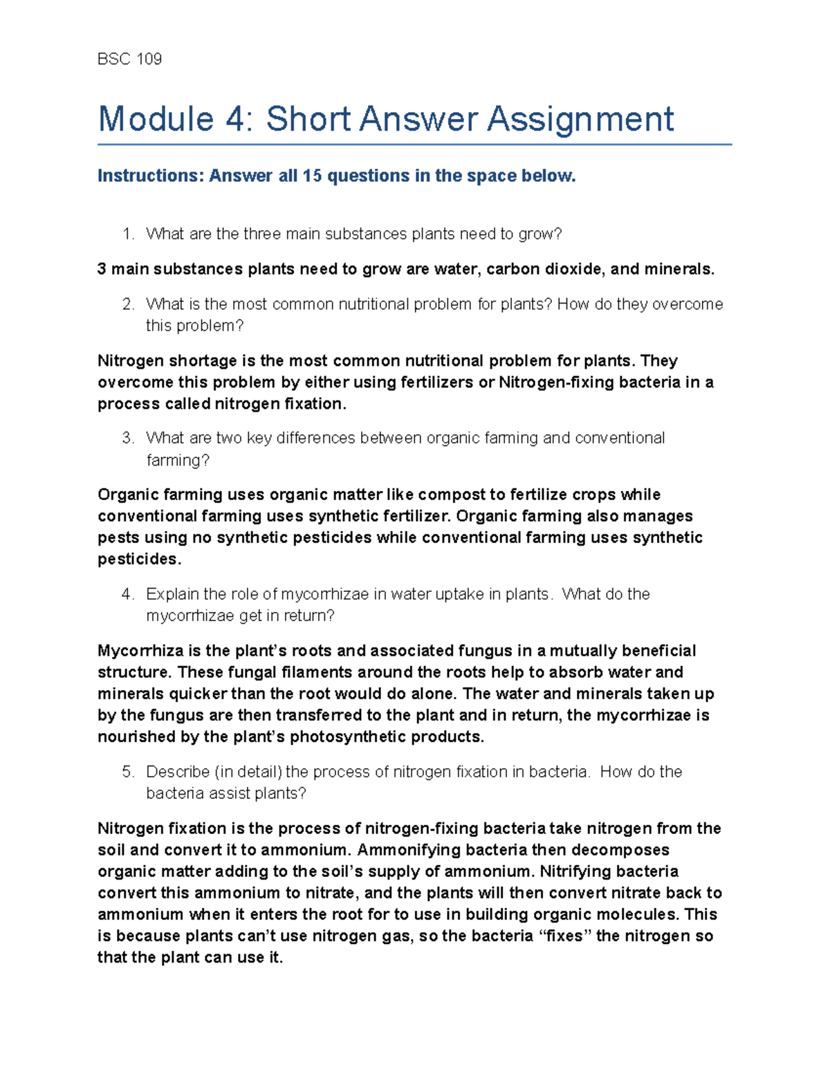BSC 109 Module 4: Plant Physiology Short Answer Assignment - BSC 109 ...