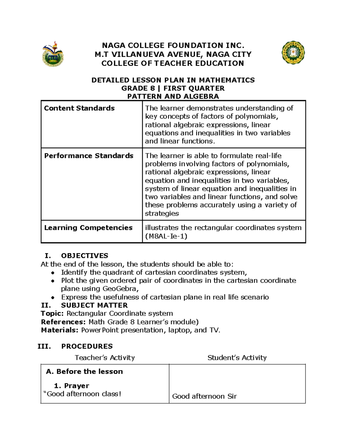 Detailed Lesson Plan in Mathematics (Grade 8) - Cartesian Plane - Studocu