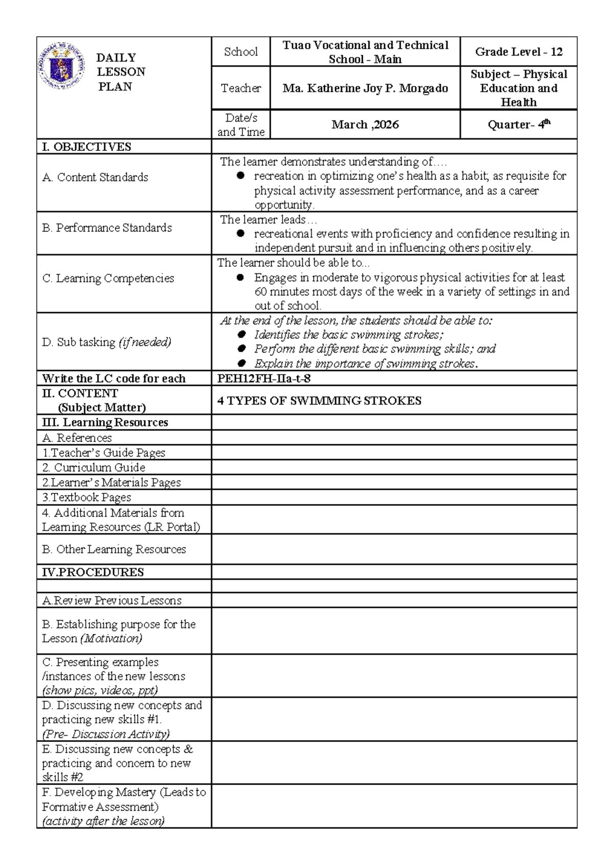 DAILY LESSON PLAN: PHYSICAL EDUCATION & HEALTH GRADE 12 - Studocu