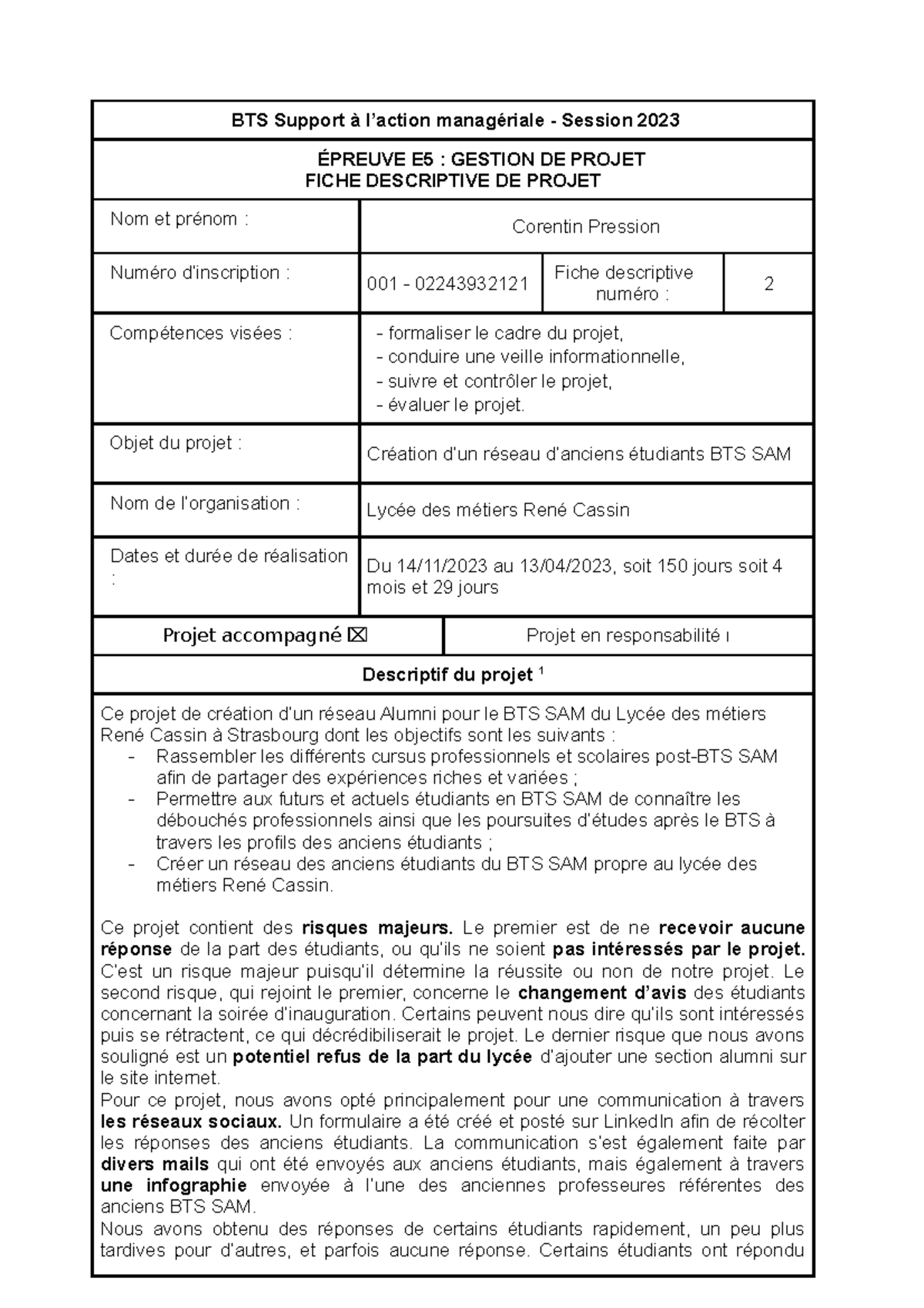 Fiche descriptive projet Alumni - BTS Support à l’action managériale - Session 2023 ÉPREUVE E5 ...