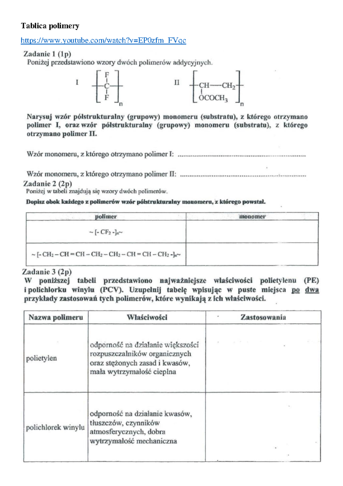 Tablica polimery - notatki o polimerach - Tablica polimery Zadanie 1 ...