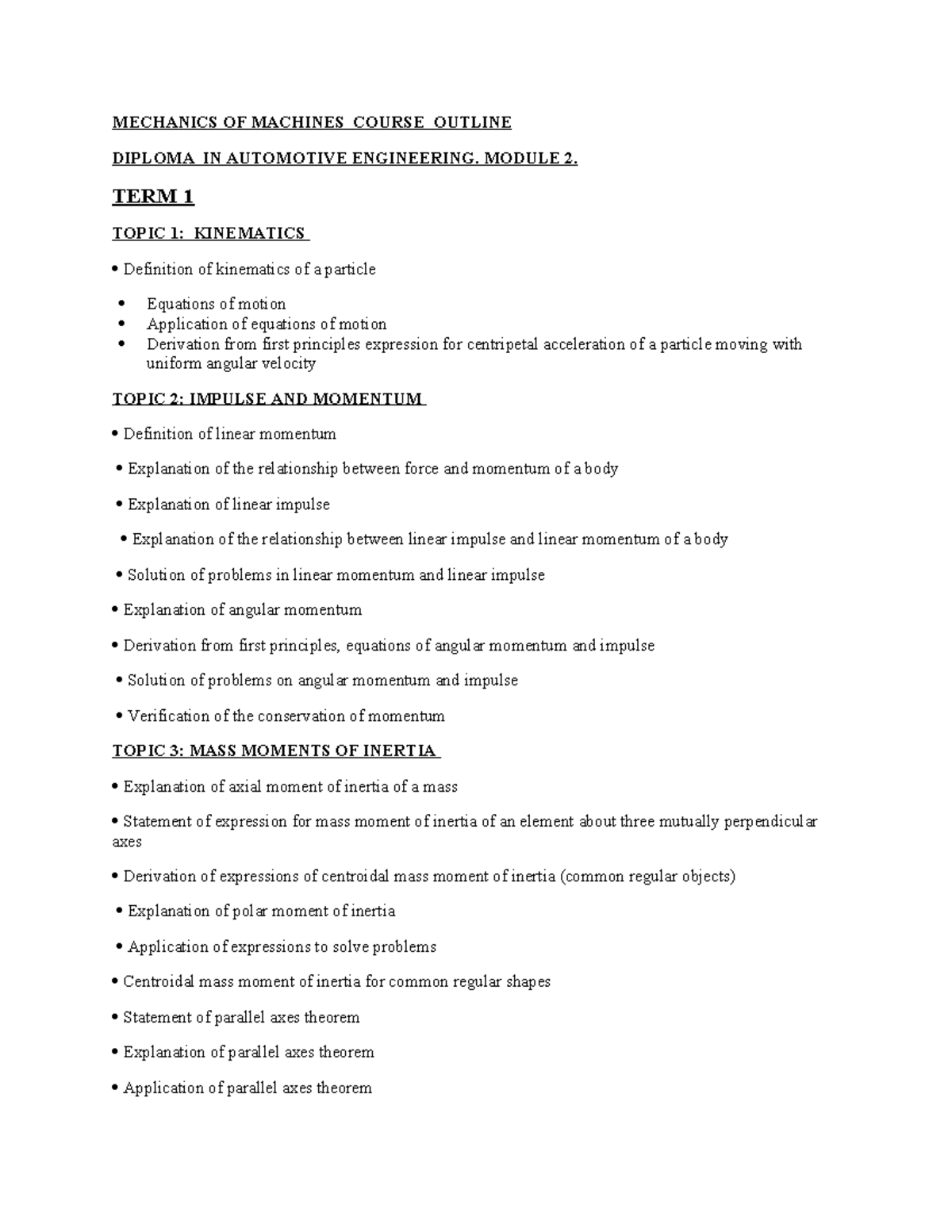 Mechanics of Machines Course Outline - Diploma in Automotive ...