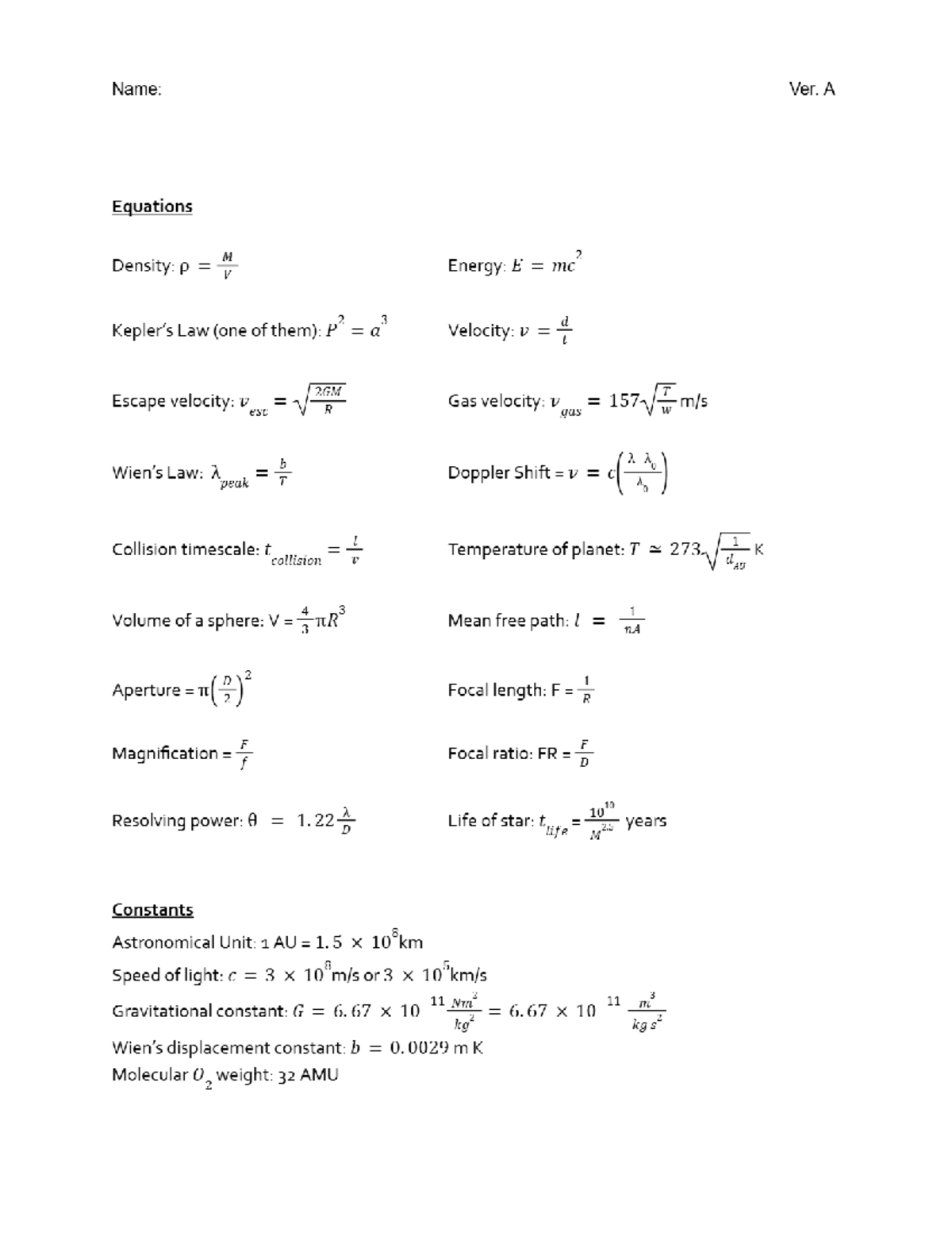 Formula Sheet Final PHYS106 F2024 - PHYS.106.01 - Solar System Astronomy - 1017 235 - Studocu
