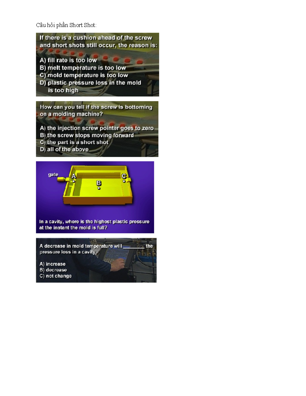 Câu Hỏi Phần Short Shot - Tìm Hiểu Nguyên Nhân và Giải Pháp - Studocu