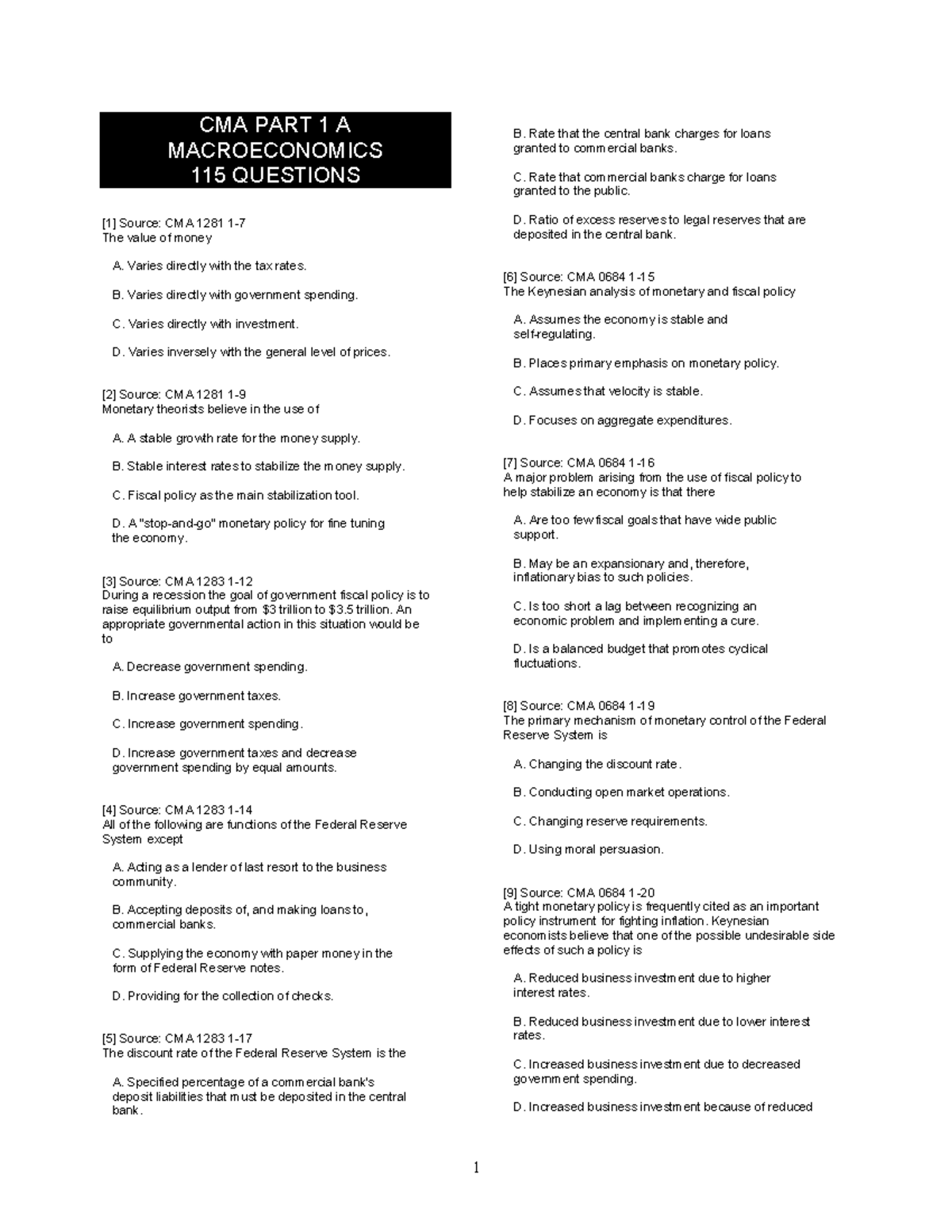 CMA 0684 Macroeconomics Study Guide: Key Concepts and Theories - Studocu