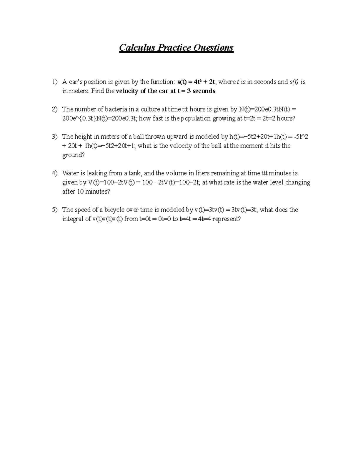 Calculus Practice Questions: Velocity and Growth Rate Problems - Studocu