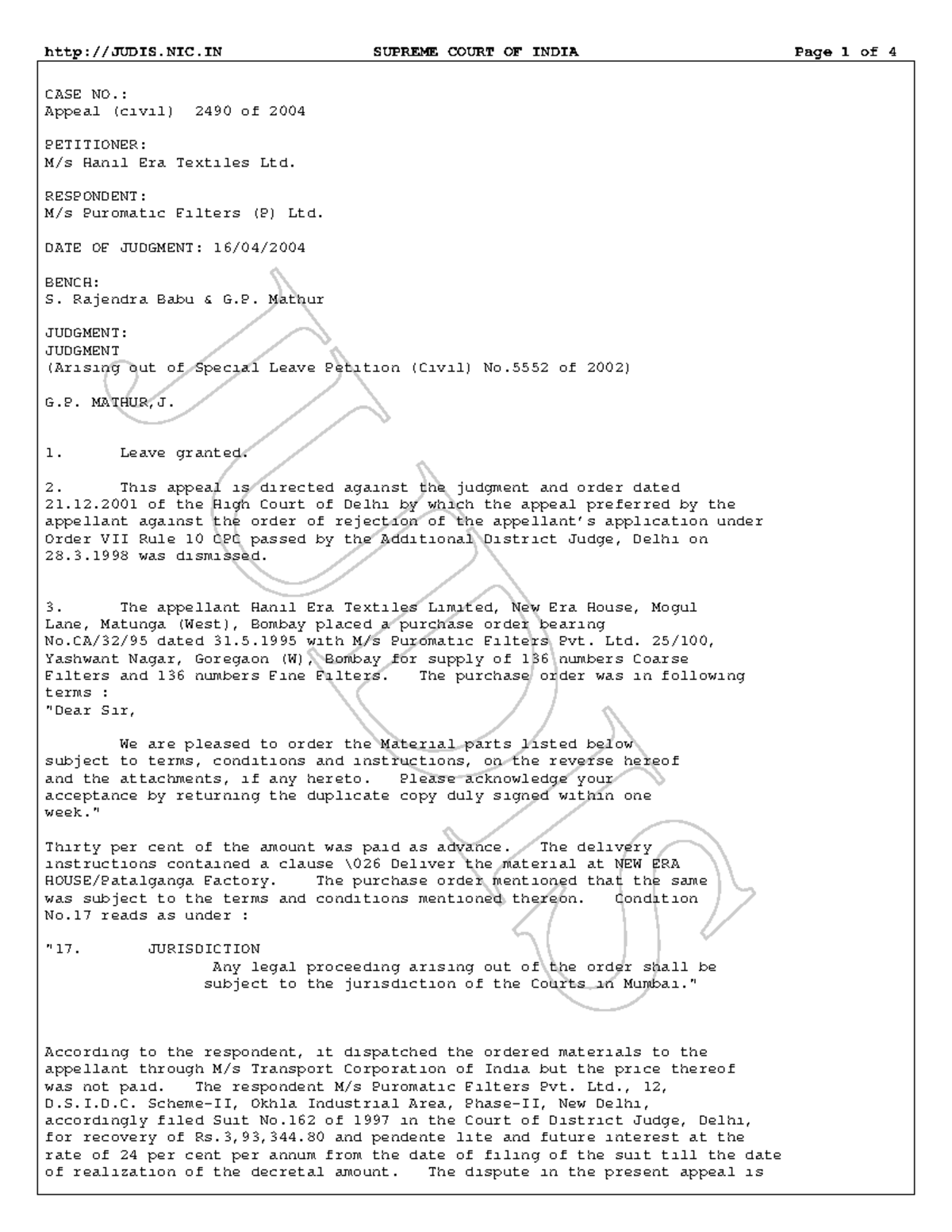 Supreme Court Case No. 2490 of 2004: Hanil Era Textiles vs. Puromatic ...