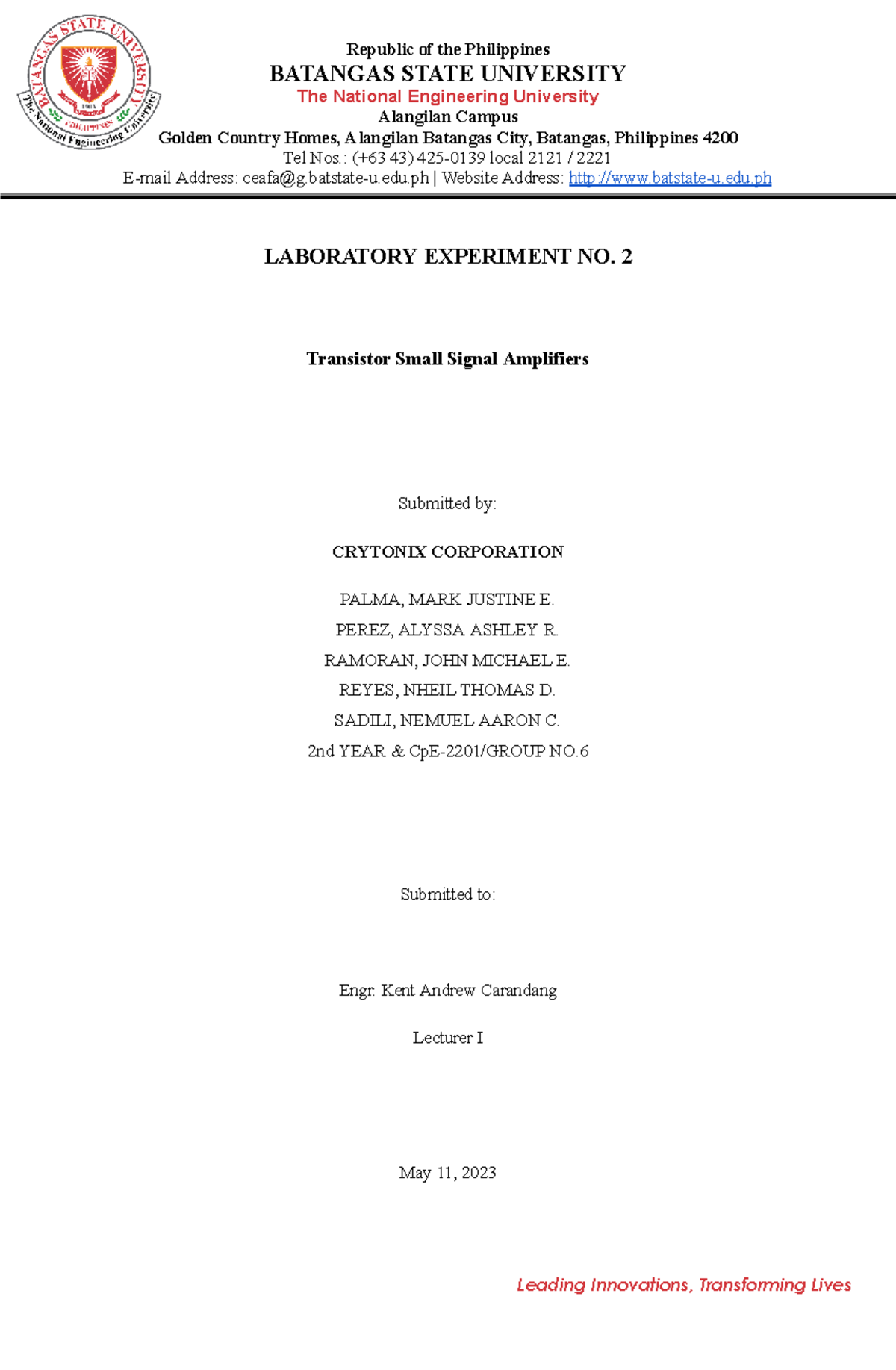 Laboratory Experiment NO 2: Transistor Small Signal Amplifiers (CpE ...