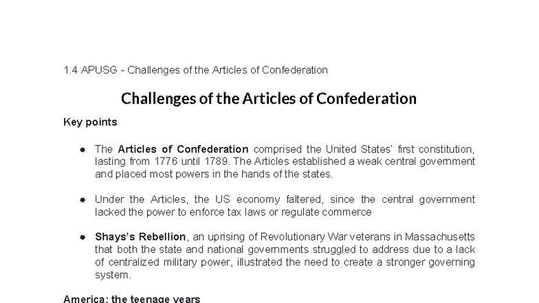1.4 APUSG - Key Challenges of the Articles of Confederation - Studocu