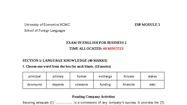 ESP2 English for Business Sample Test - Exam Preparation Guide - Studocu