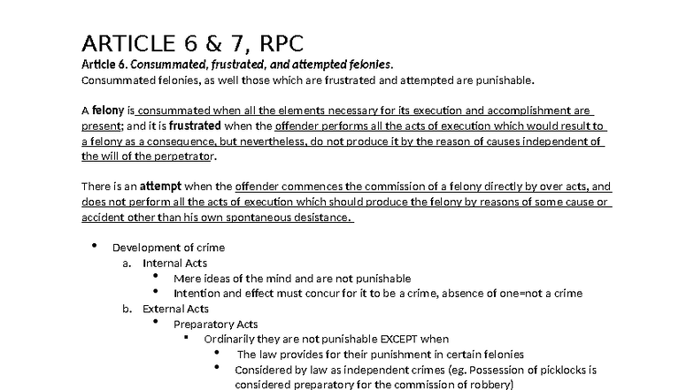 Art. 6-7 RPC: Consummated, Frustrated, and Attempted Felonies - Studocu