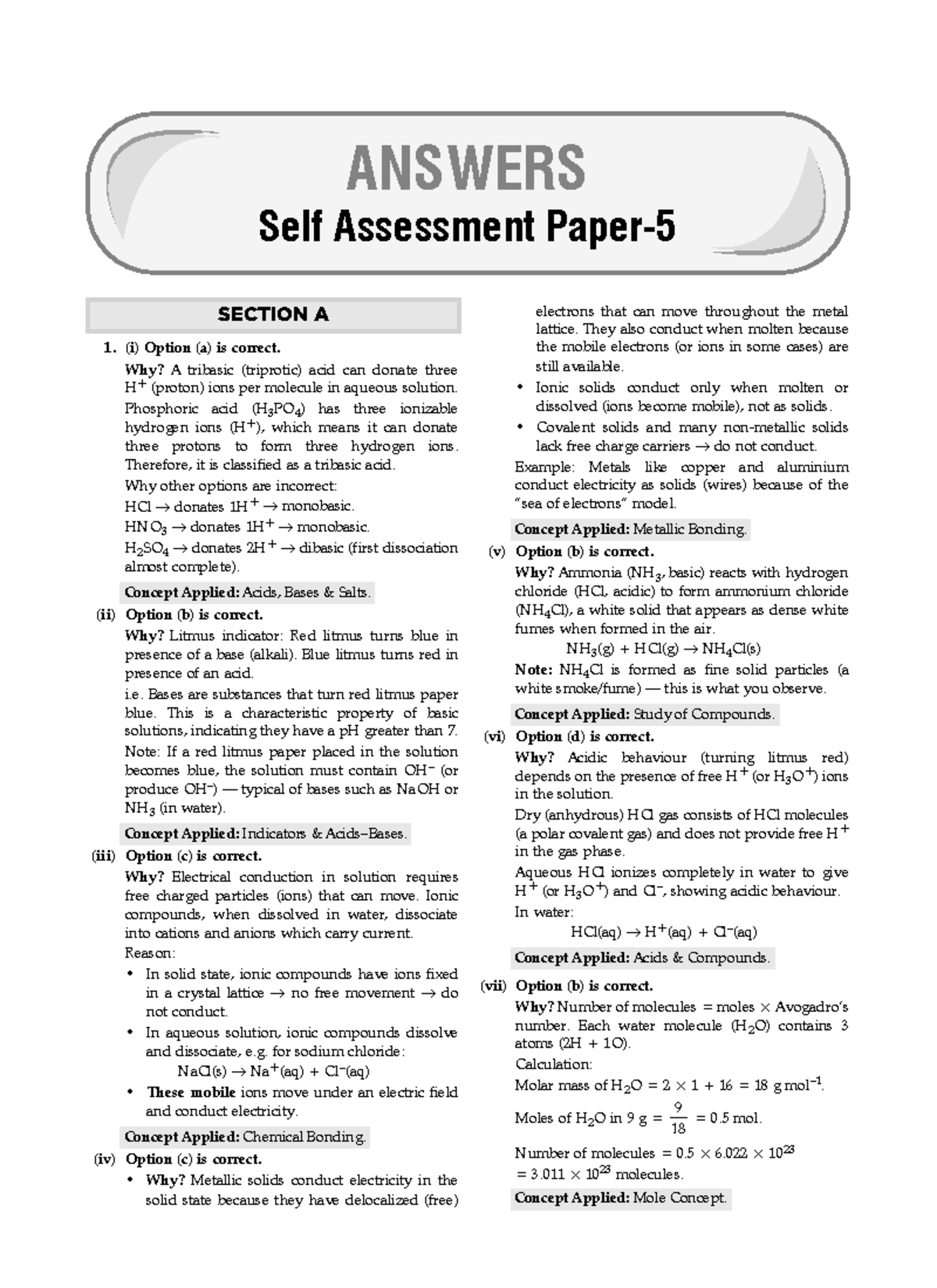ICSE Chemistry Self-Assessment Answers: Key Concepts & Reactions - Studocu