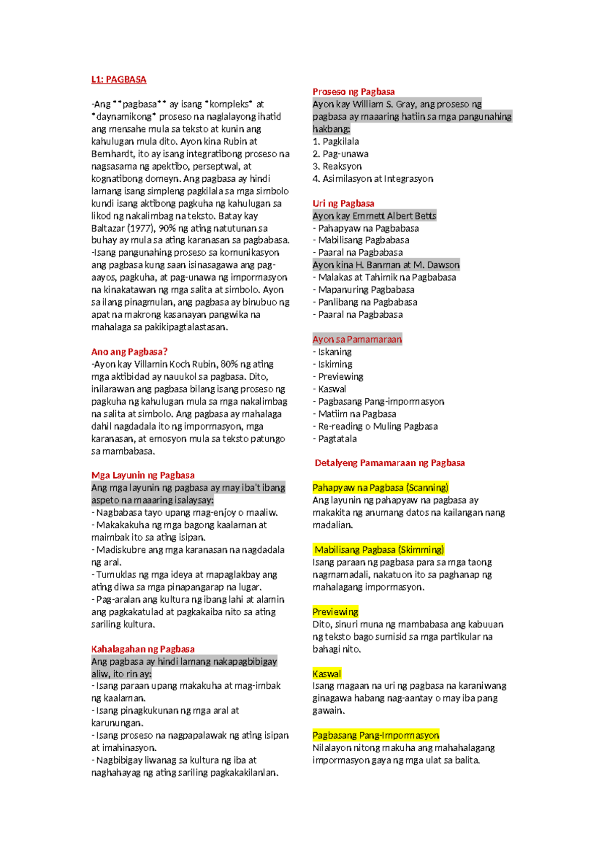 Pagbasa Reviewer L1-L5: 3rd Quarter Study Guide - Studocu