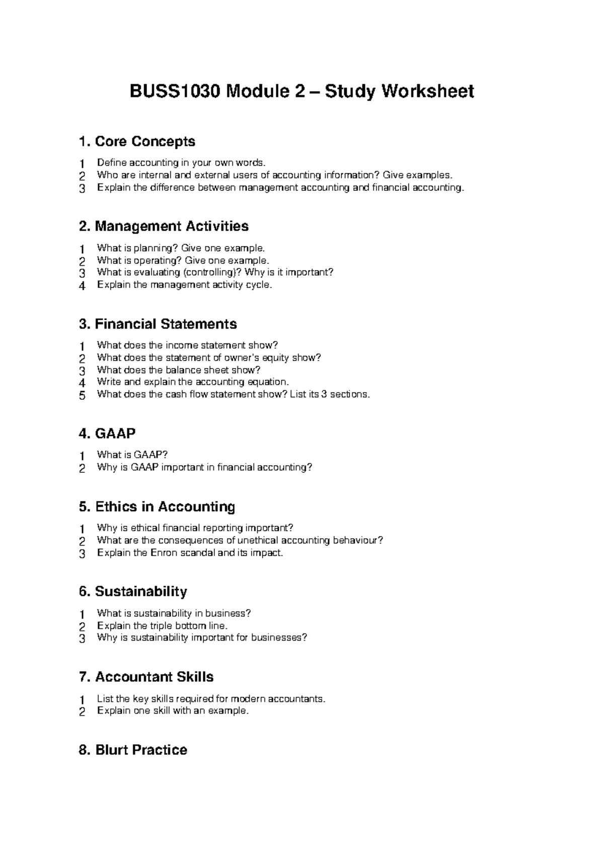 BUSS1030 Module 2 Study Worksheet: Core Accounting Concepts - Studocu