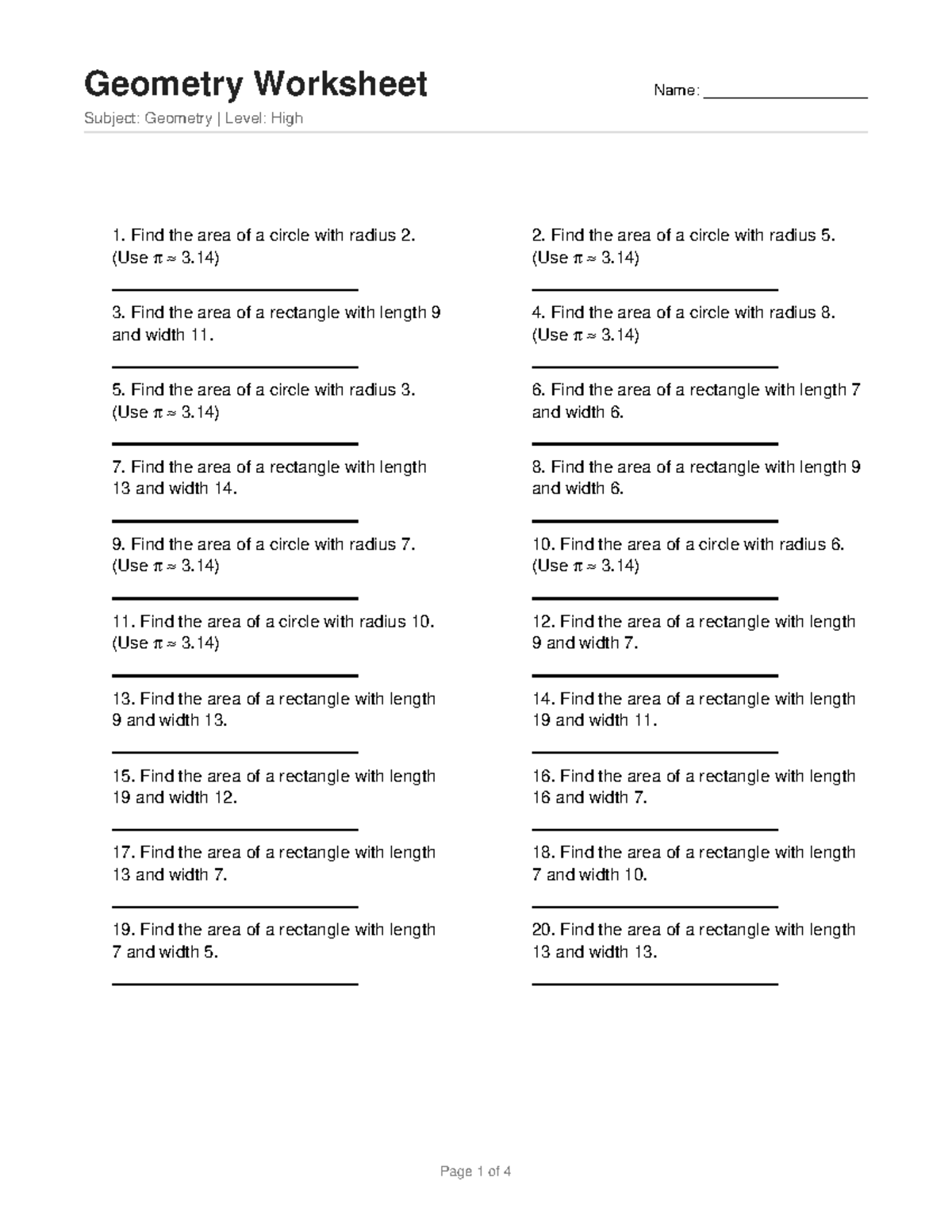Geometry Worksheet 4: Area Calculations and Word Problems - Studocu