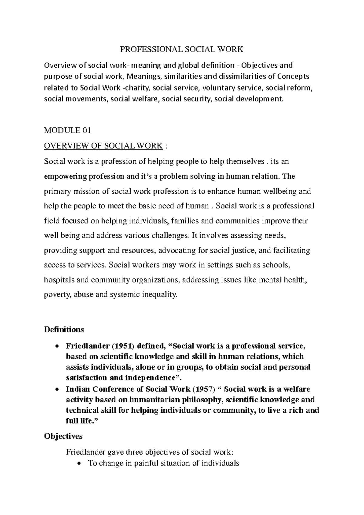 Bsw 1: Overview of Social Work - Definitions, Objectives, and Practices ...