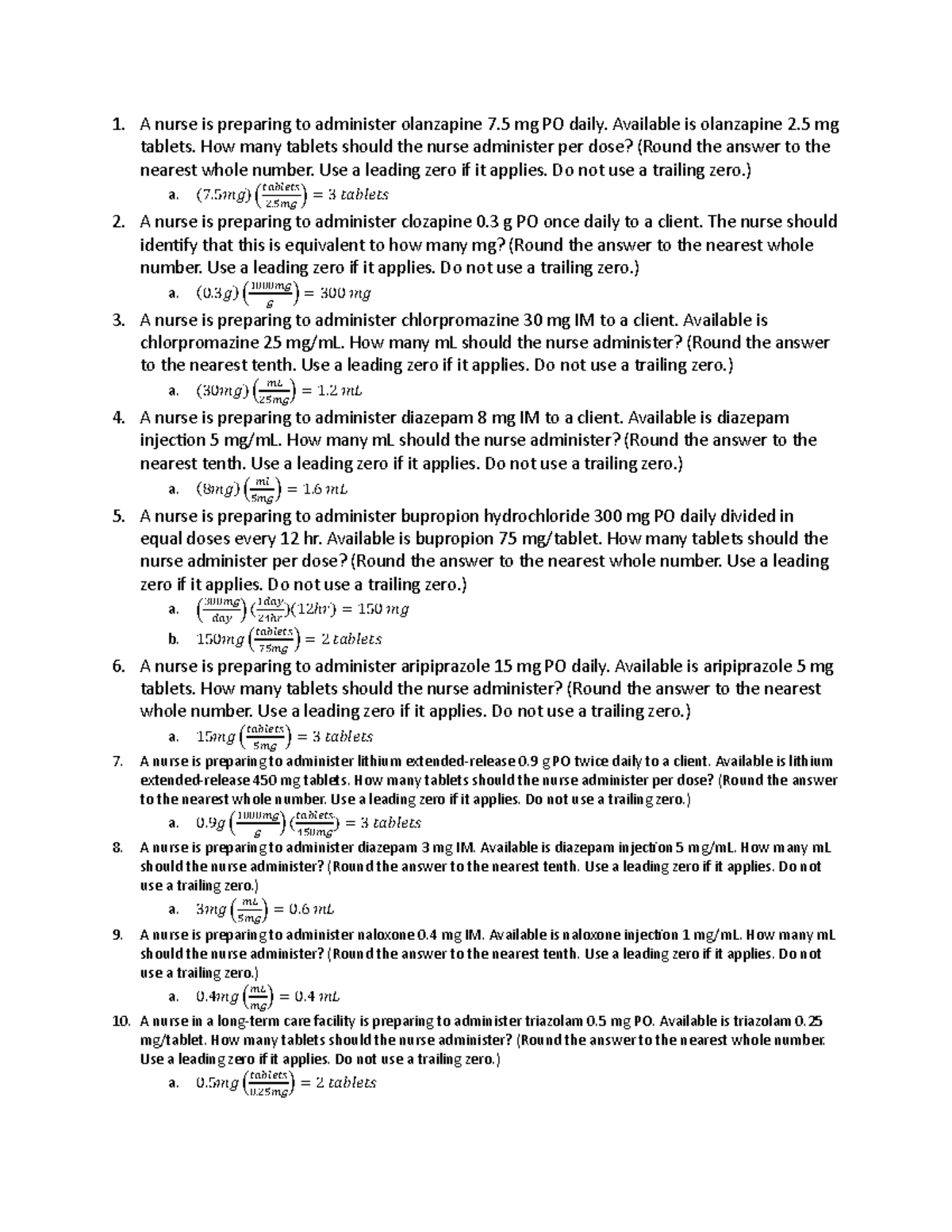 Medication Math Practice Questions for Nursing (NUR 101) - Studocu
