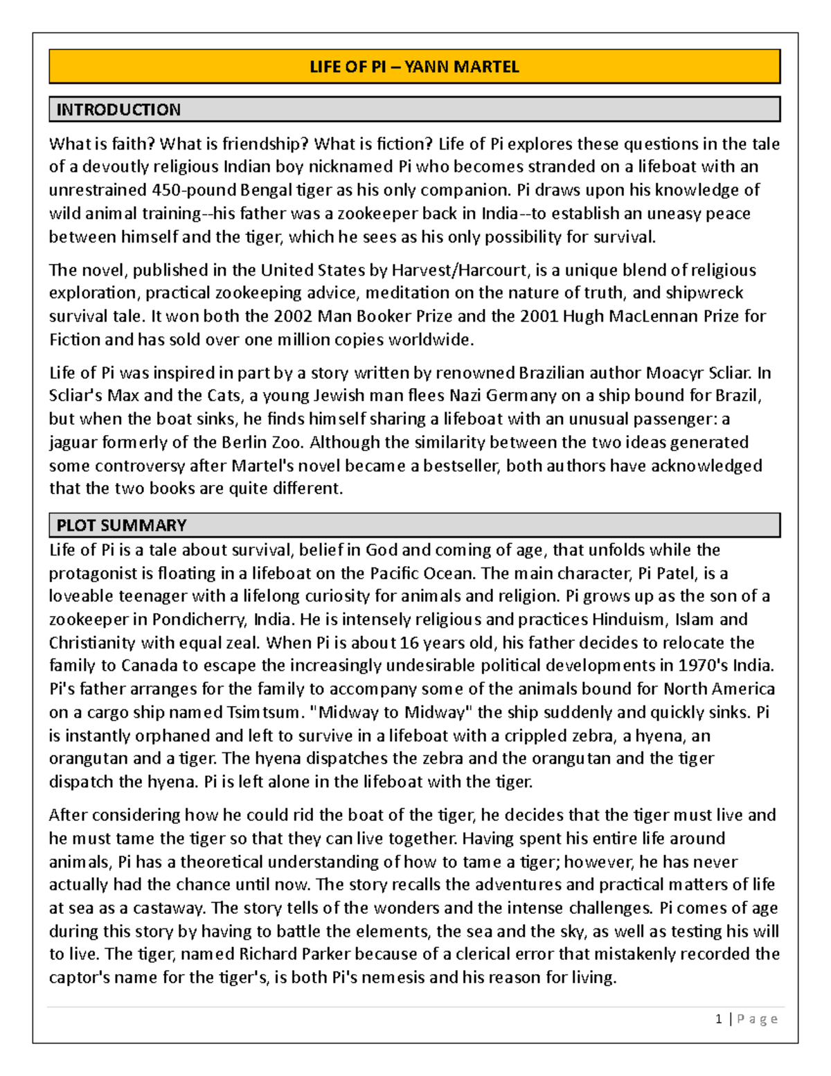 Life of Pi Essay Notes - Insights and Themes Analysis - Studocu